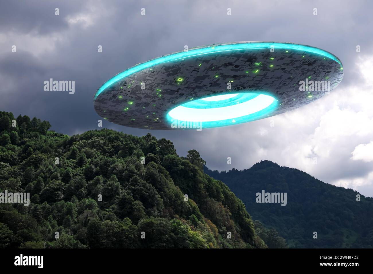 UFO. Alien spaceship among clouds in sky. Extraterrestrial visitors ...
