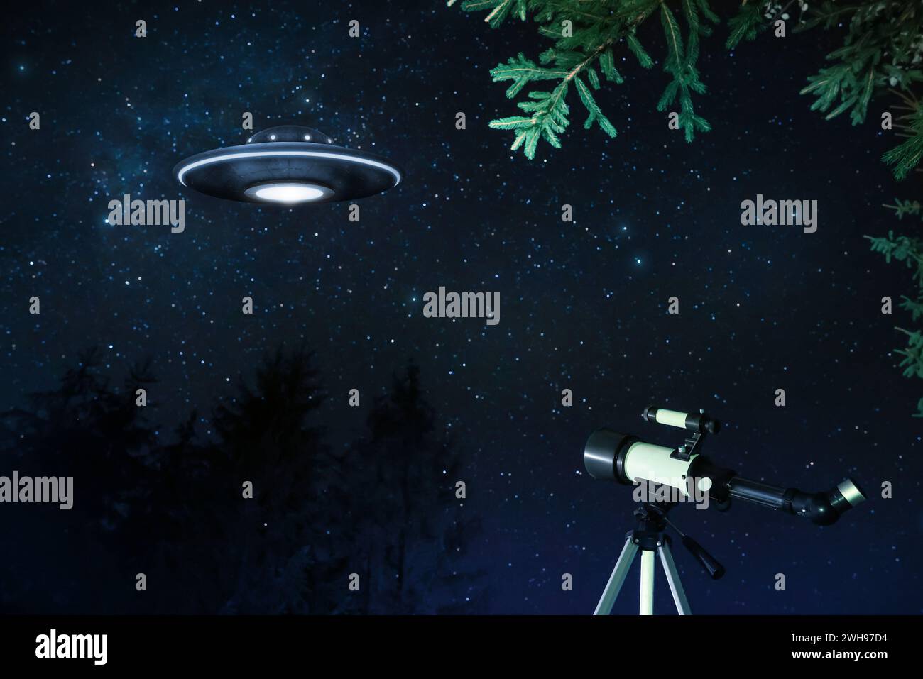 UFO. Alien spaceship in starry sky at night. Extraterrestrial visitors ...