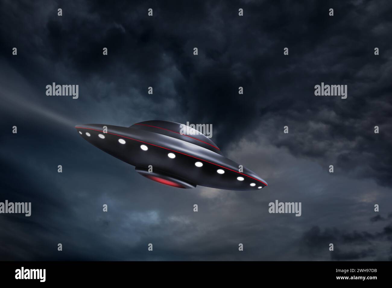 UFO. Alien spaceship among clouds in sky. Extraterrestrial visitors ...