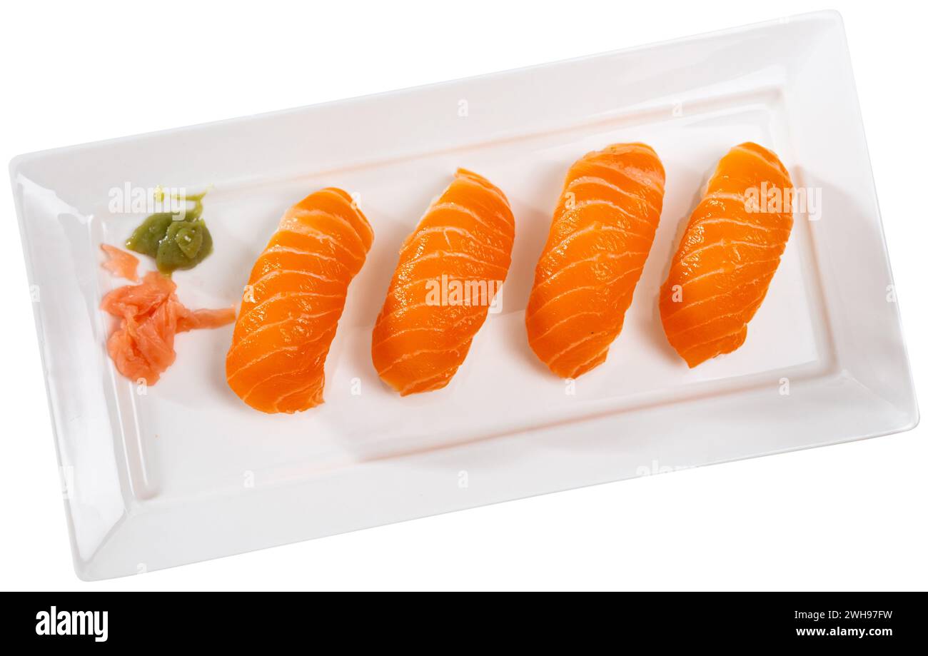 Sushi sake nigiri with salmon served on platter Stock Photo - Alamy