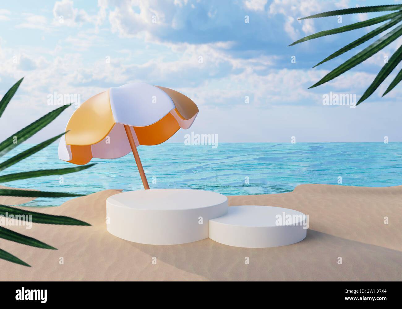 cylinder stage podium empty with summer beach background and umbrella ...