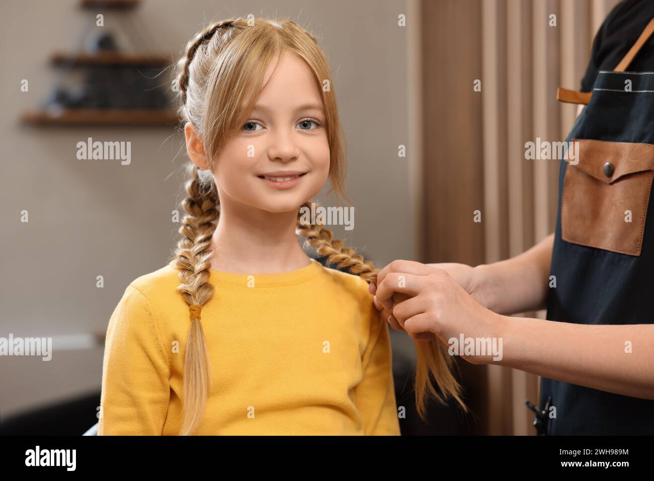 Professional hairdresser braiding girl's hair in beauty salon Stock ...