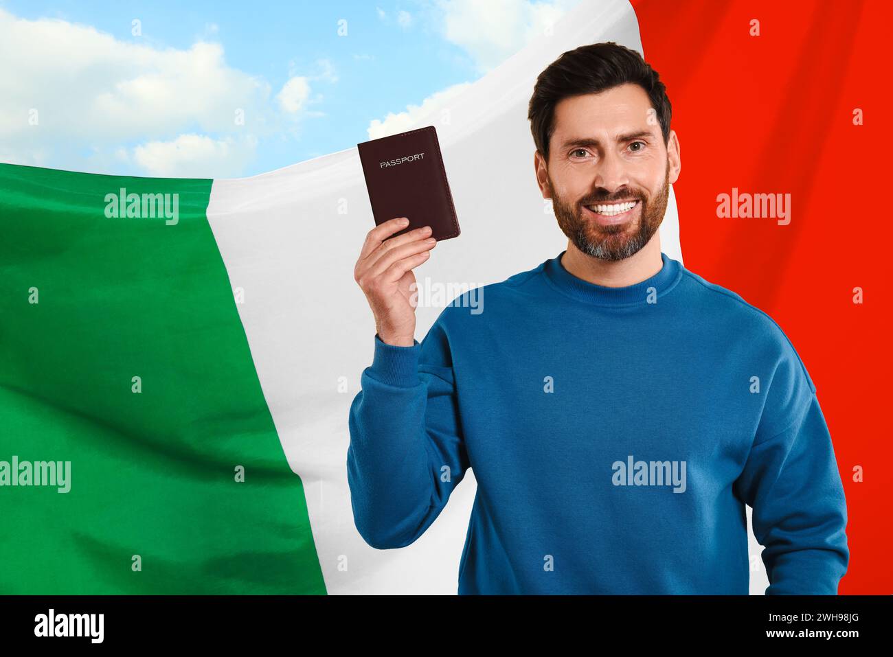 Immigration. Happy man with passport and national flag of Italy against ...