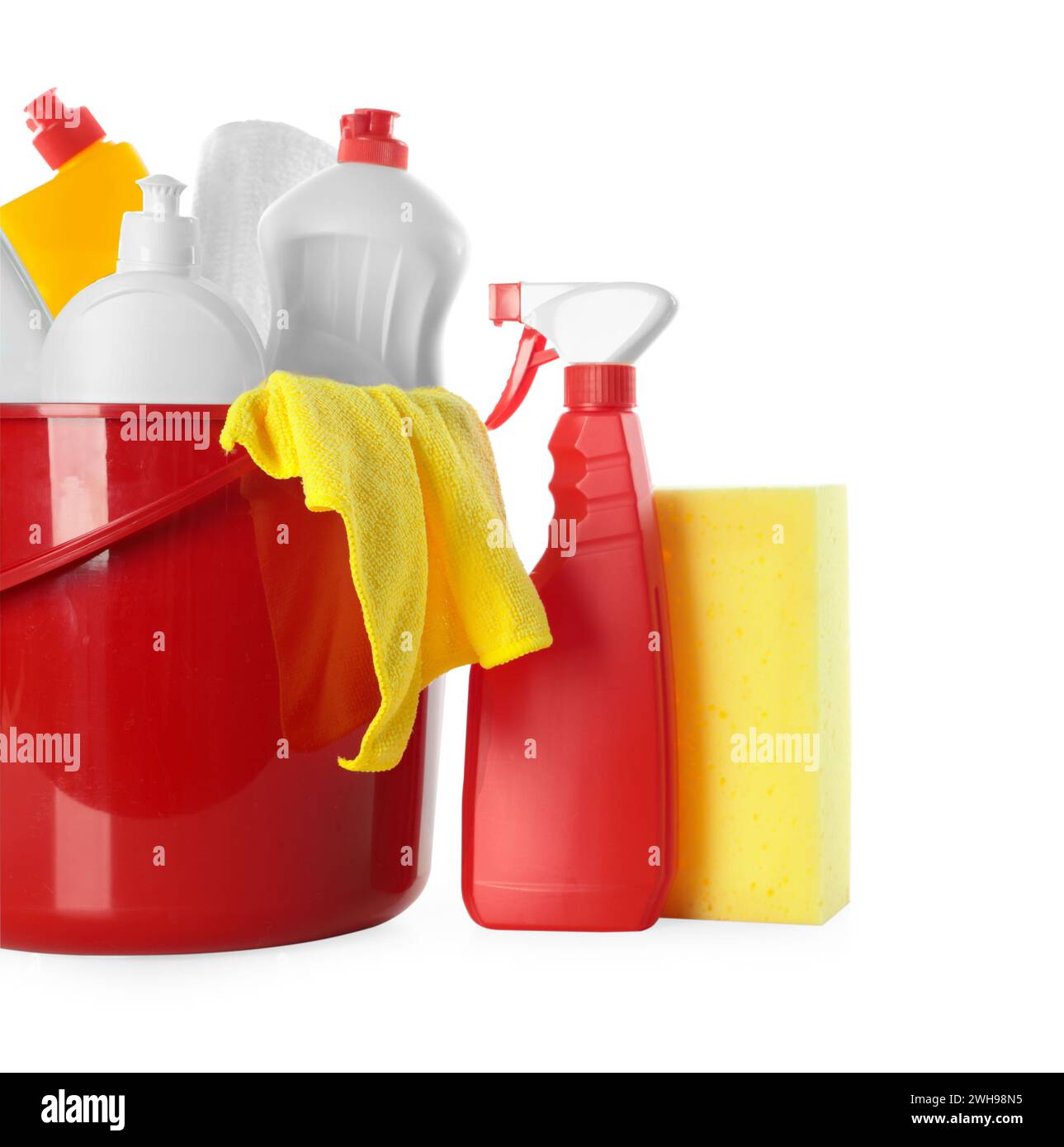Plastic bucket with different cleaning supplies on white background ...