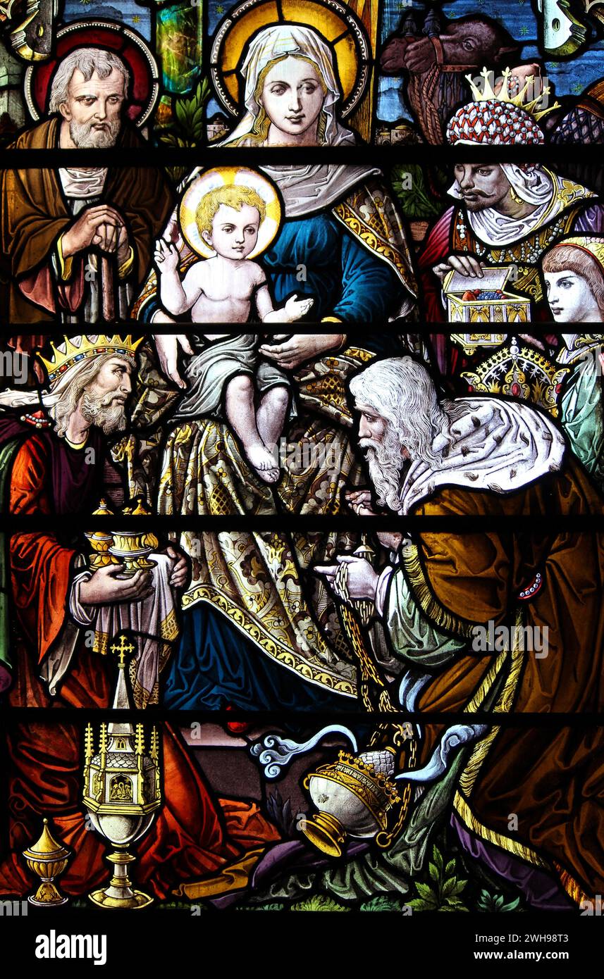 Stained glass panel showing magi at the birth of Christ Stock Photo - Alamy