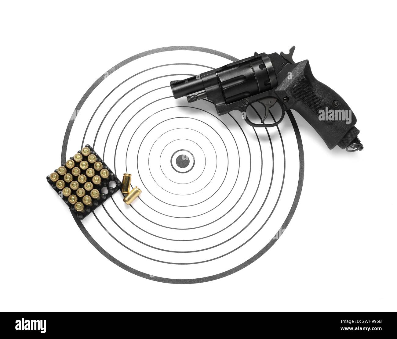 Shooting target, handgun and bullets isolated on white, top view Stock ...