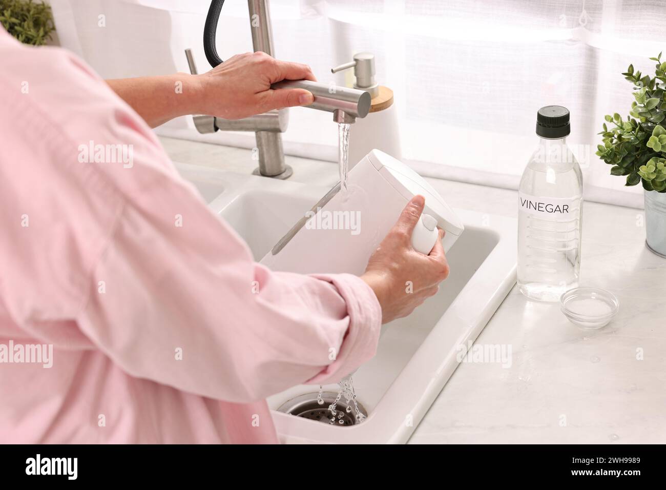 Woman washing electric kettle at sink in kitchen Stock Photo - Alamy