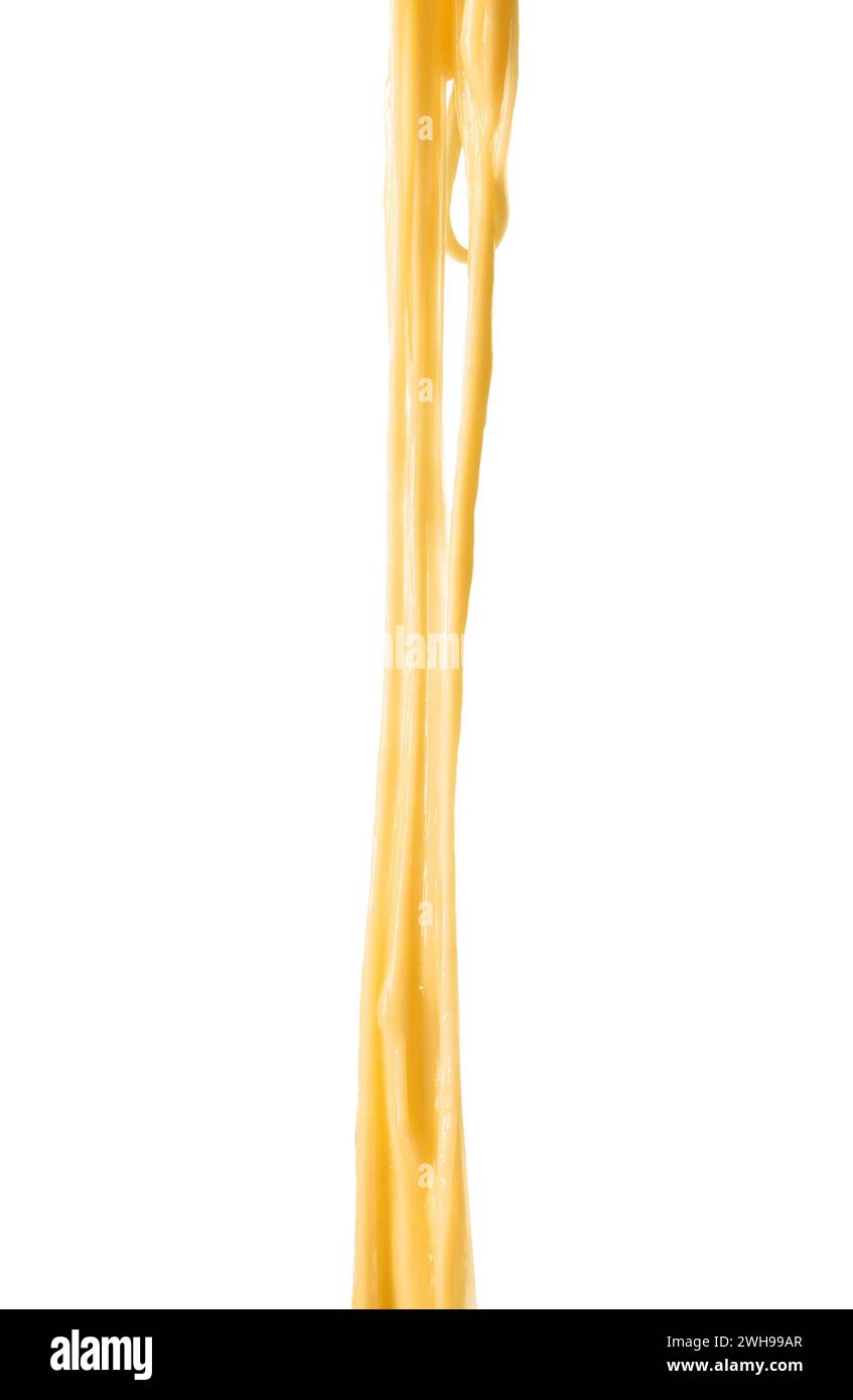 Stretching delicious melted cheese isolated on white Stock Photo - Alamy