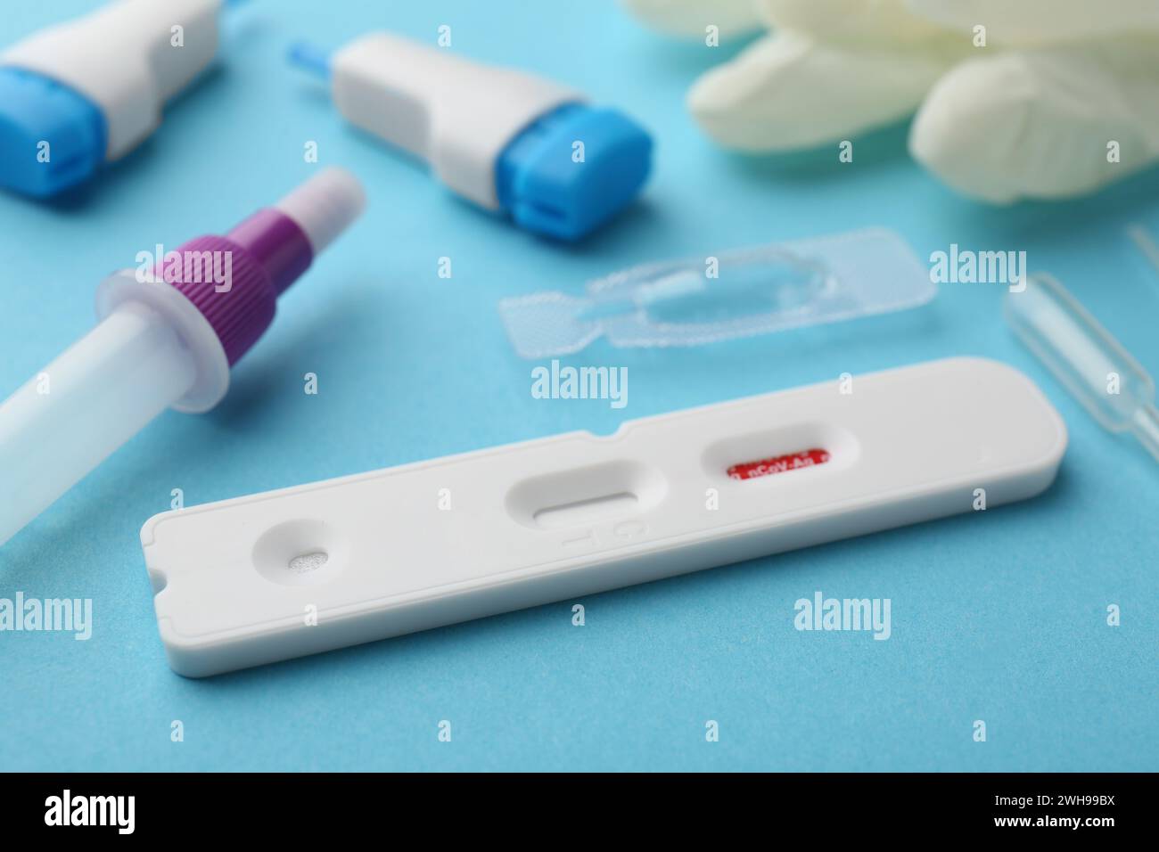 Covid-19 express test kit on light blue background, closeup Stock Photo ...