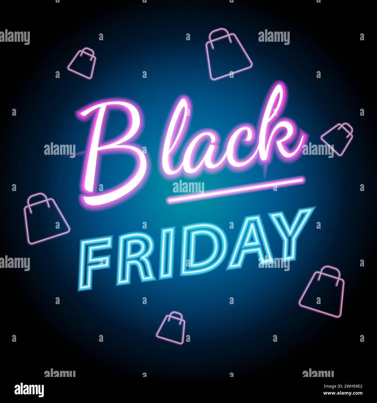 Black friday neon light banner with shopping bag sign. Vector ...