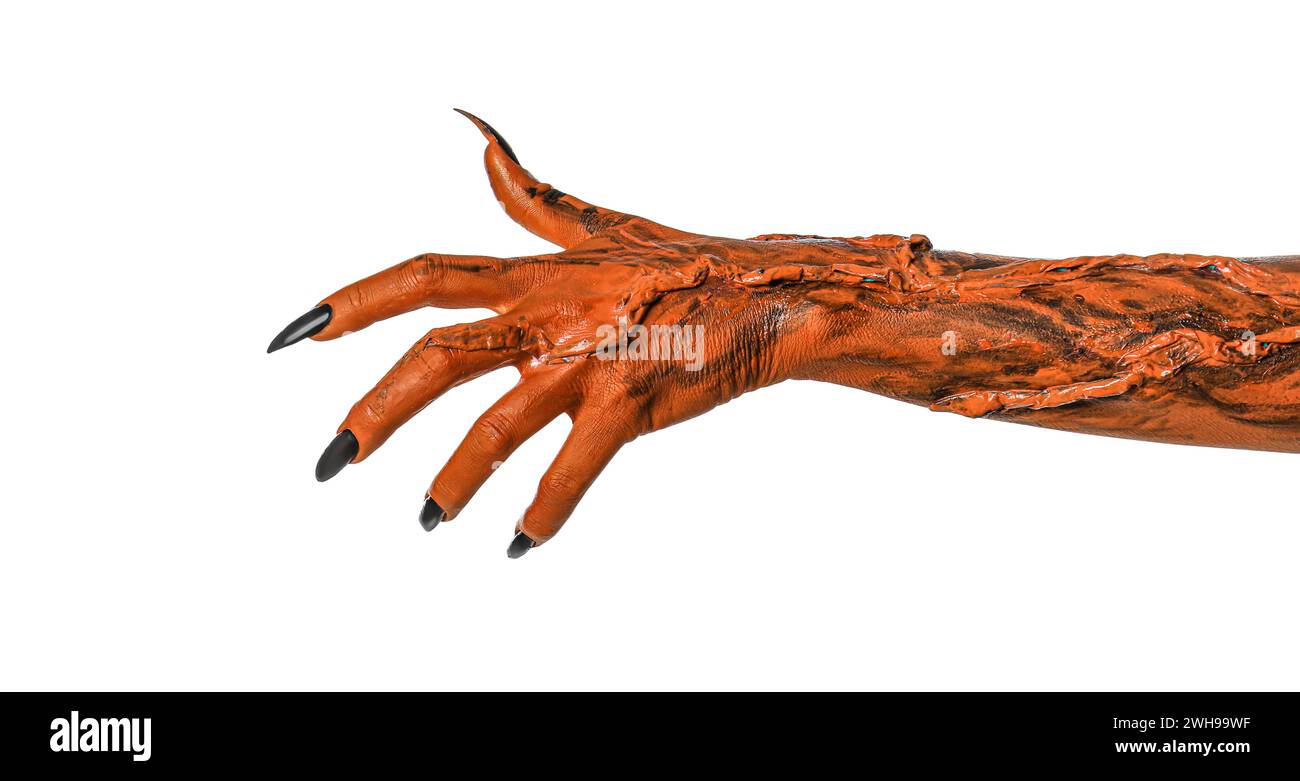 Creepy monster. Orange hand with claws isolated on white Stock Photo ...