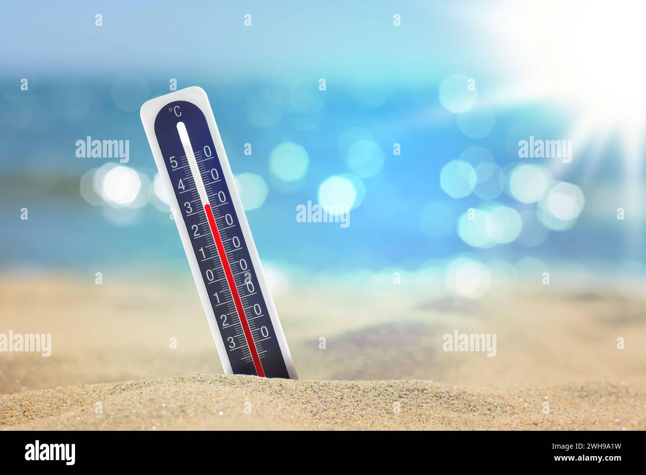 Thermometer on beach showing high temperature during summer day Stock ...