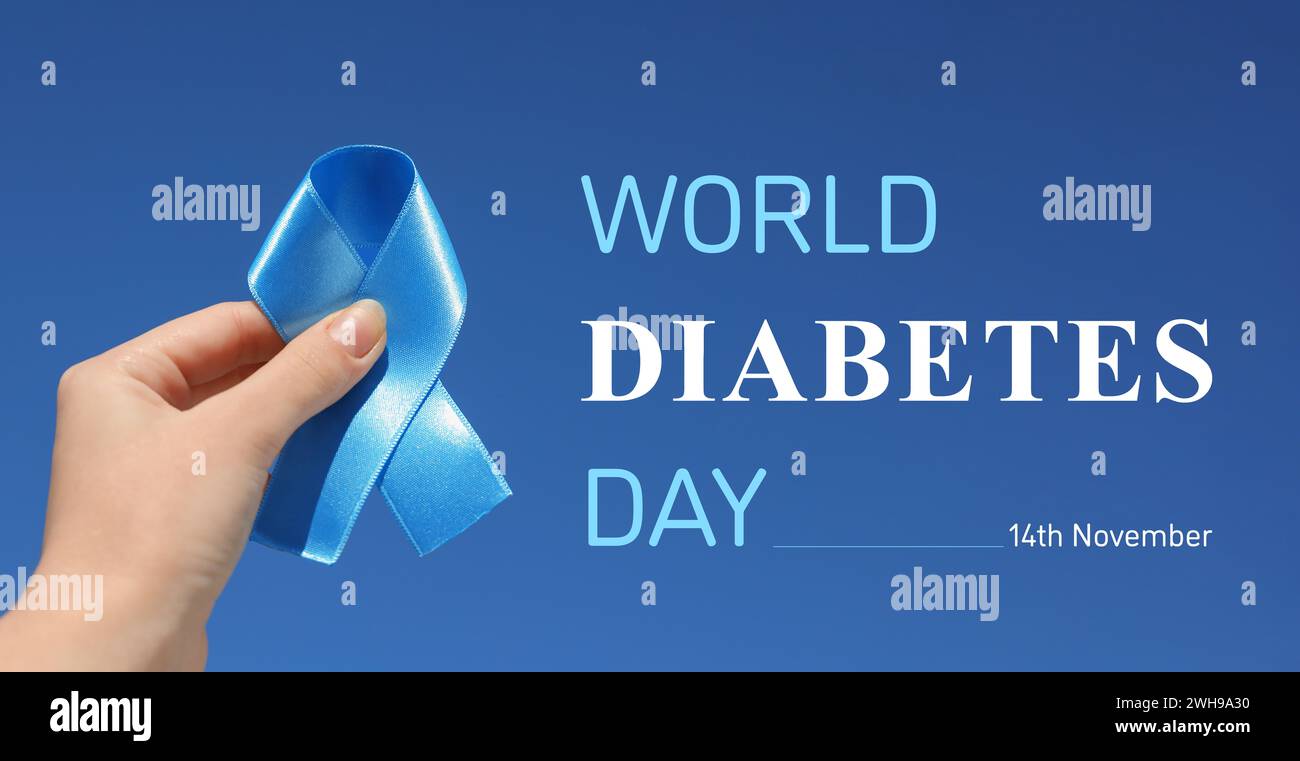 World Diabetes Day. Woman with light blue ribbon on color background ...