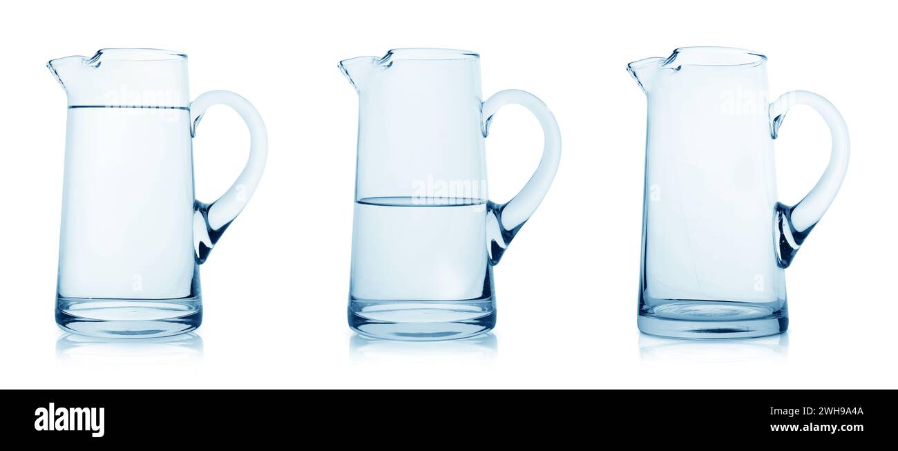 Glass jug isolated on white, collage with empty, semi filled and full ...