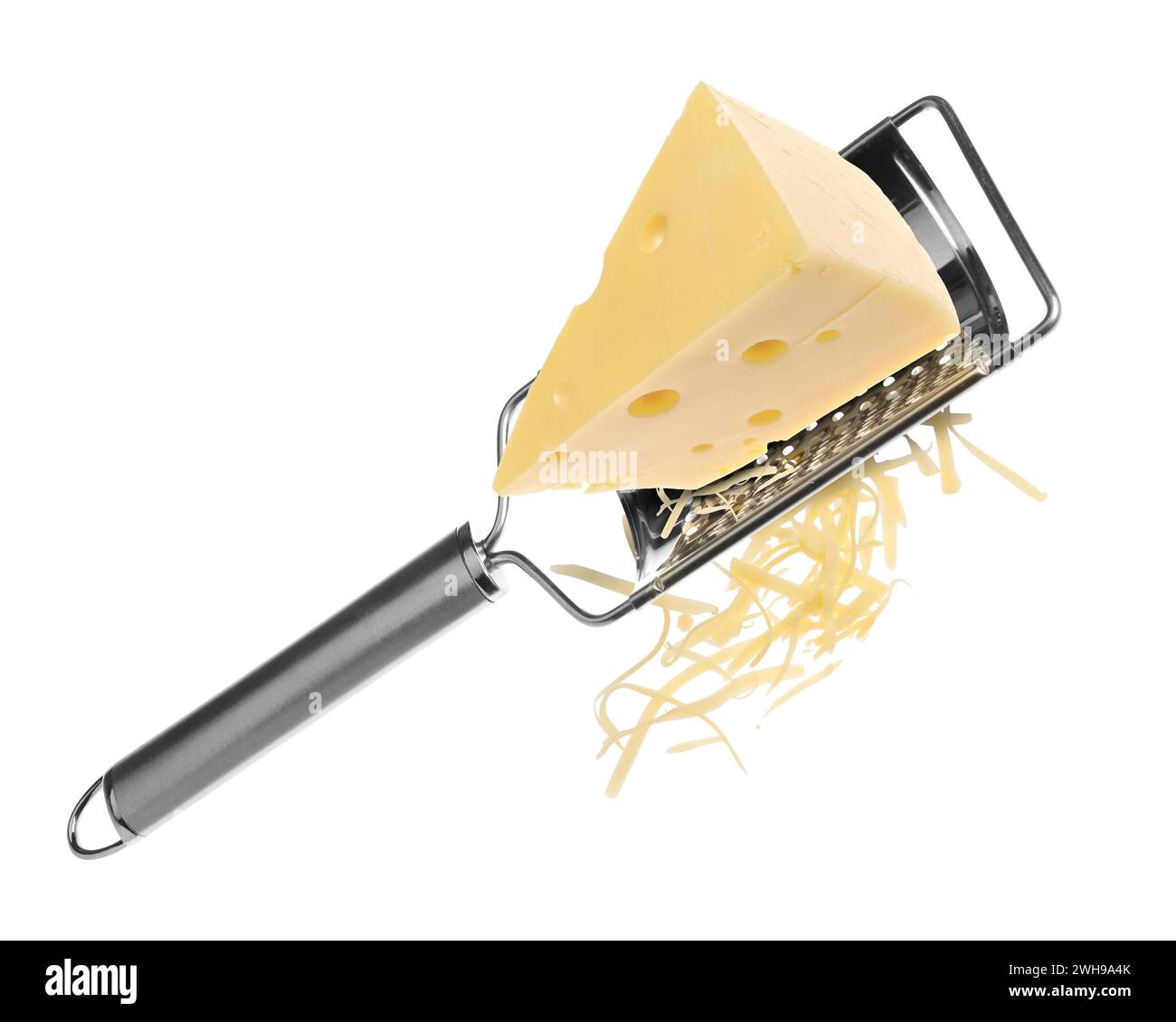 Grating cheese with hand grater in air on white background Stock Photo ...