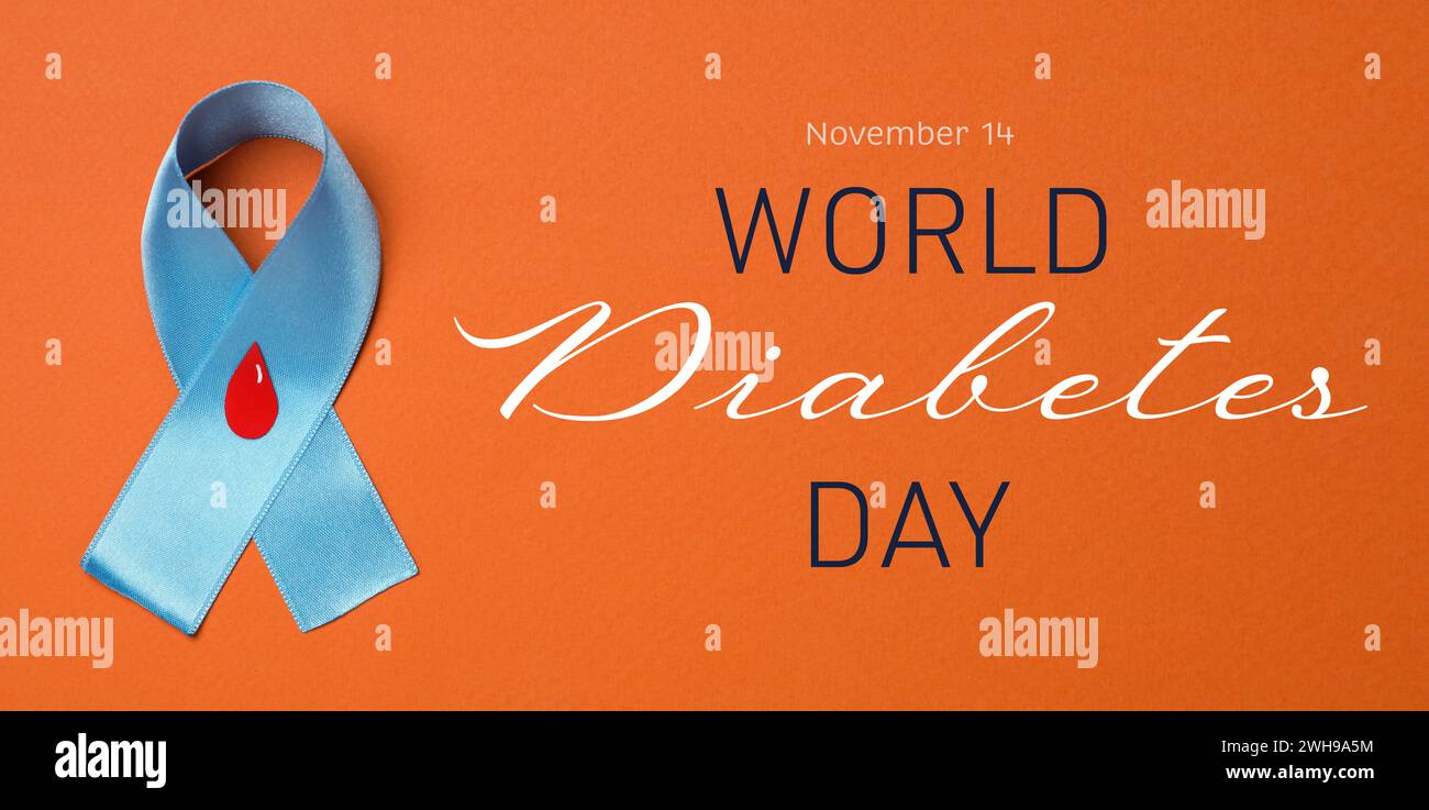 World Diabetes Day. Light blue ribbon with paper blood drop on orange ...