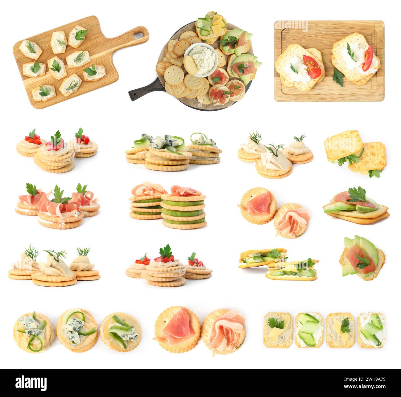 Delicious crackers with different toppings isolated on white, set Stock ...