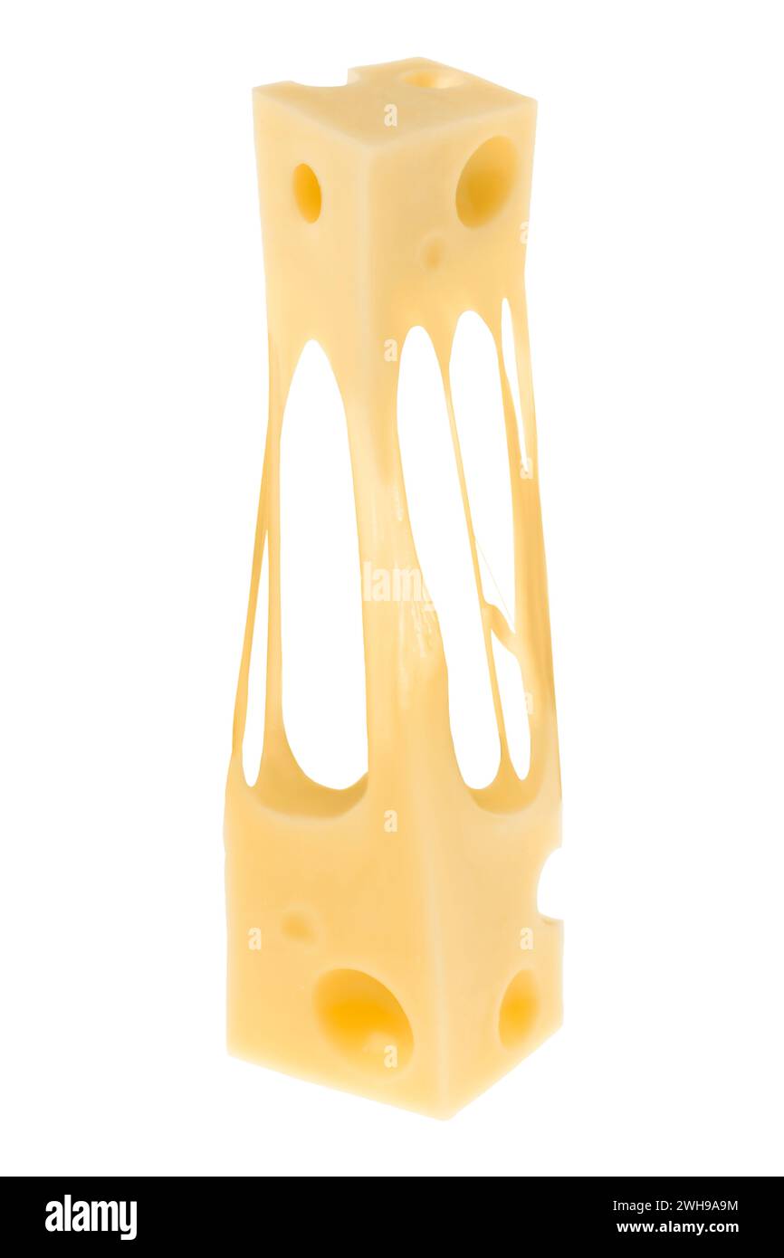 Tasty cheese stretching in air on white background Stock Photo - Alamy