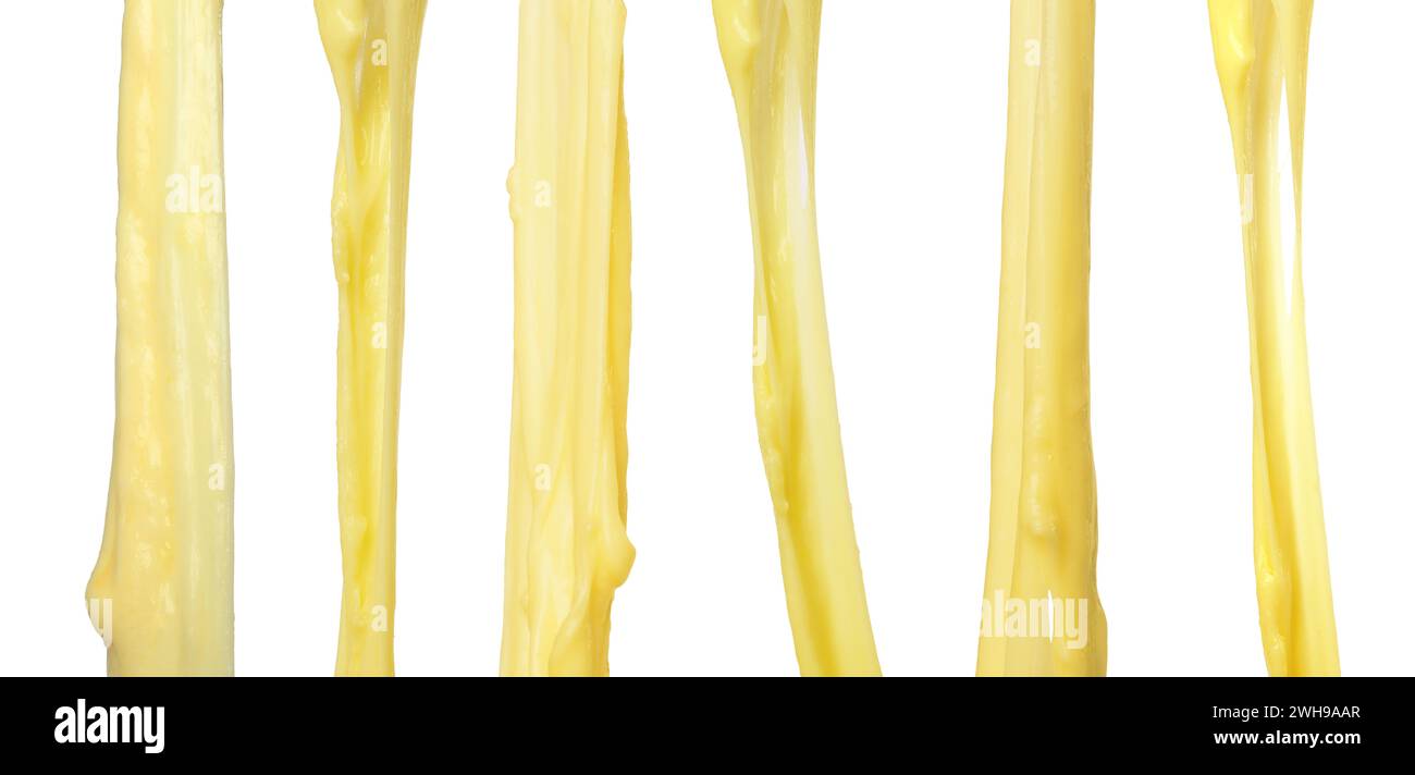 Stretching delicious melted cheese isolated on white, set Stock Photo ...