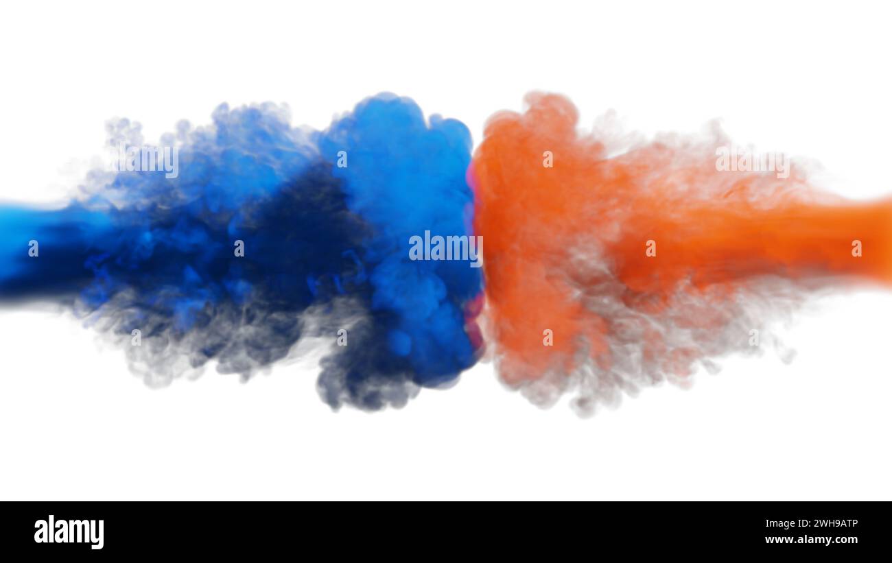 Puffs of blue and red smoke collide against a white background. 3d ...