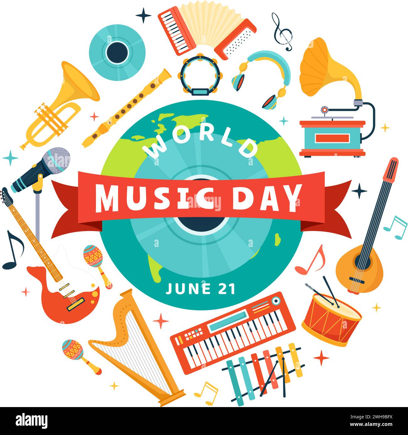 World Music Day Vector Illustration on 21 June with Various Musical ...