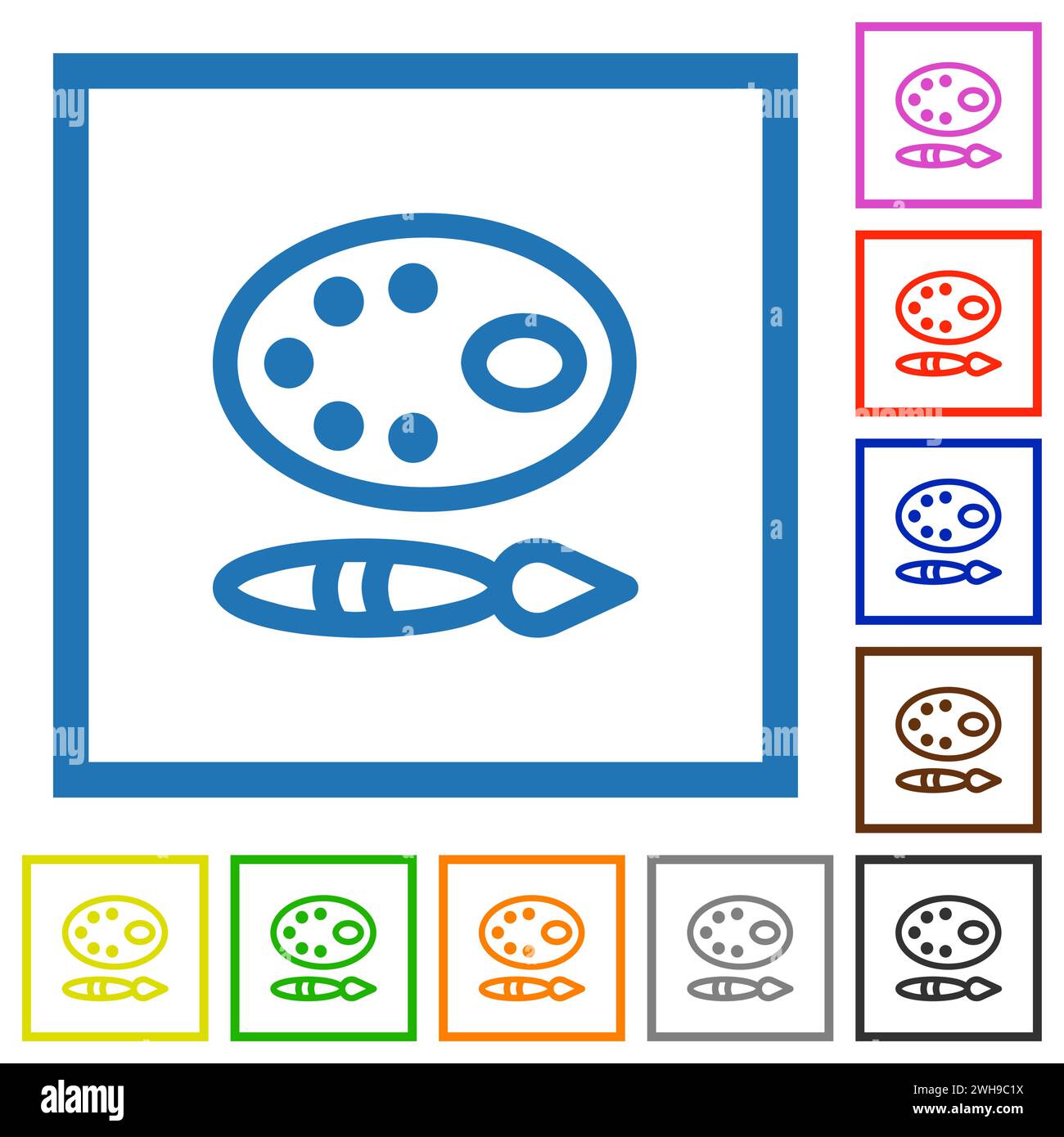 Paint kit outline flat color icons in square frames on white background ...