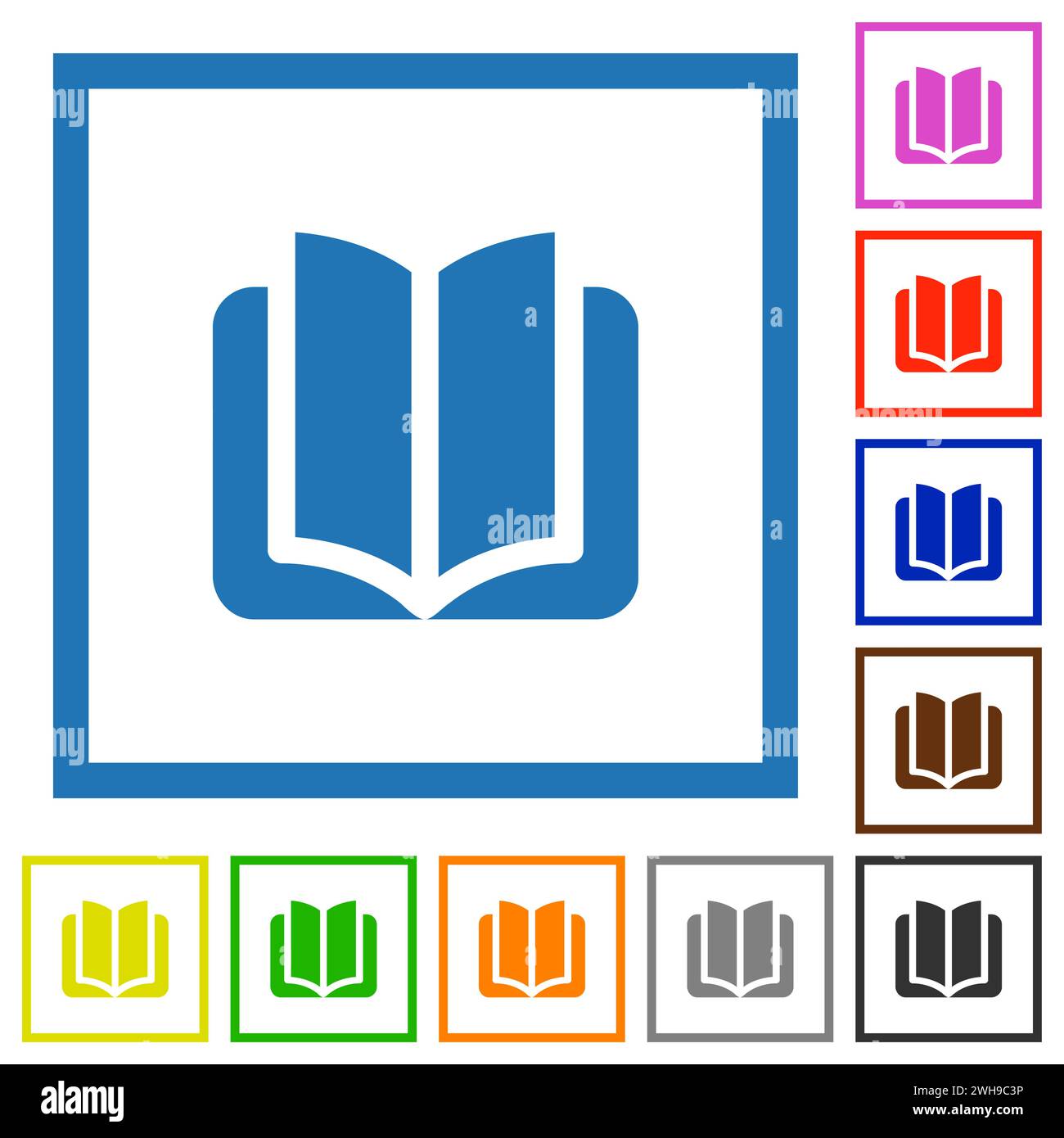 Open book solid flat color icons in square frames on white background ...