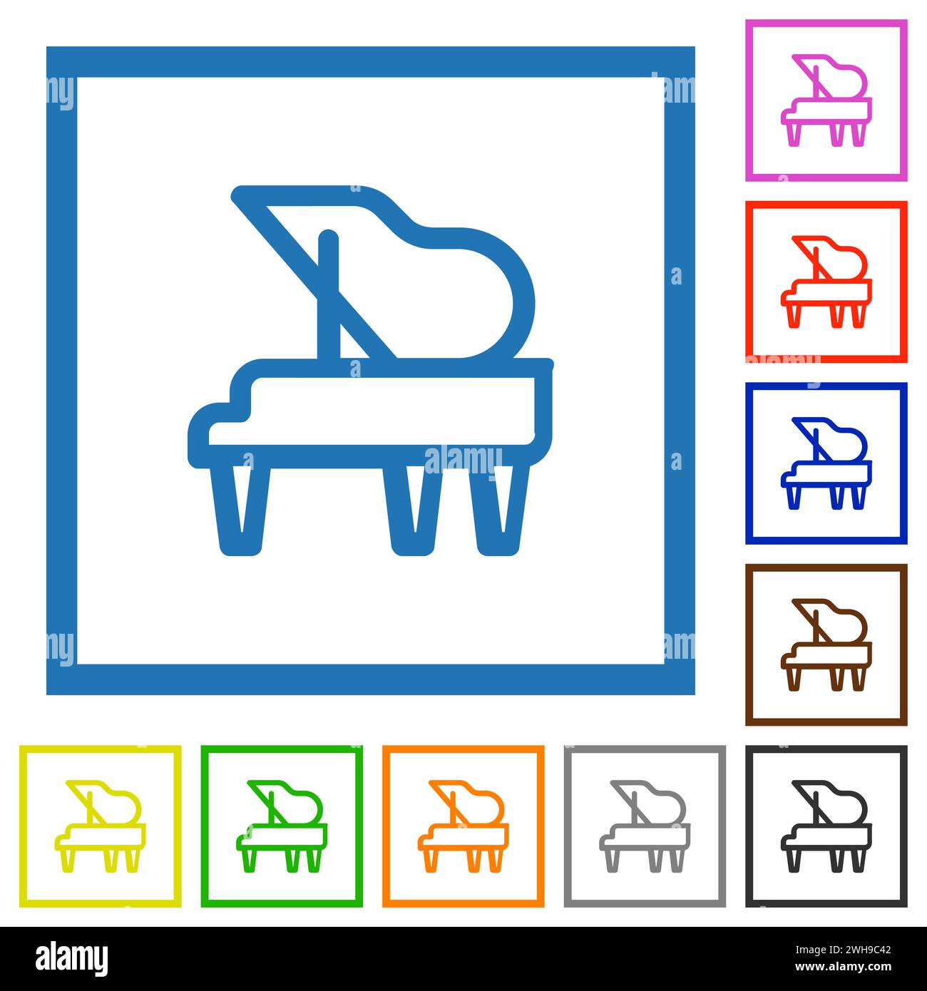 Grand piano outline flat color icons in square frames on white ...
