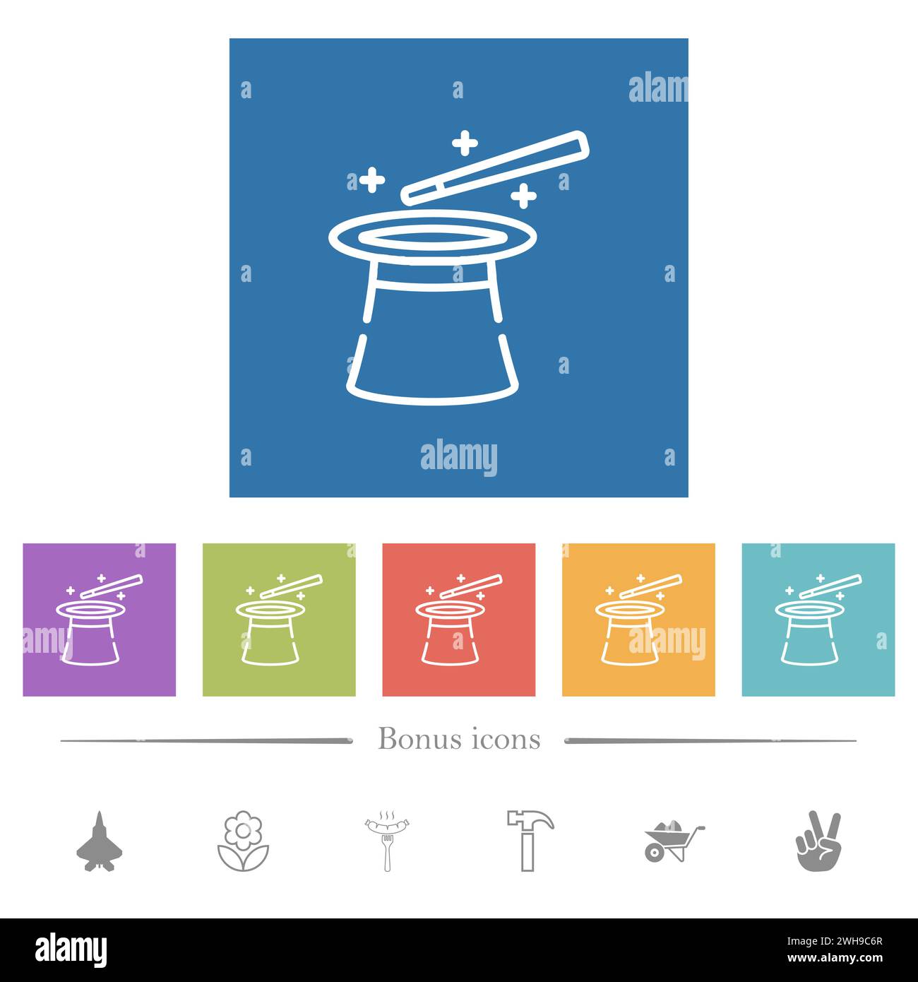 Magic hat and wand outline flat white icons in square backgrounds. 6 ...