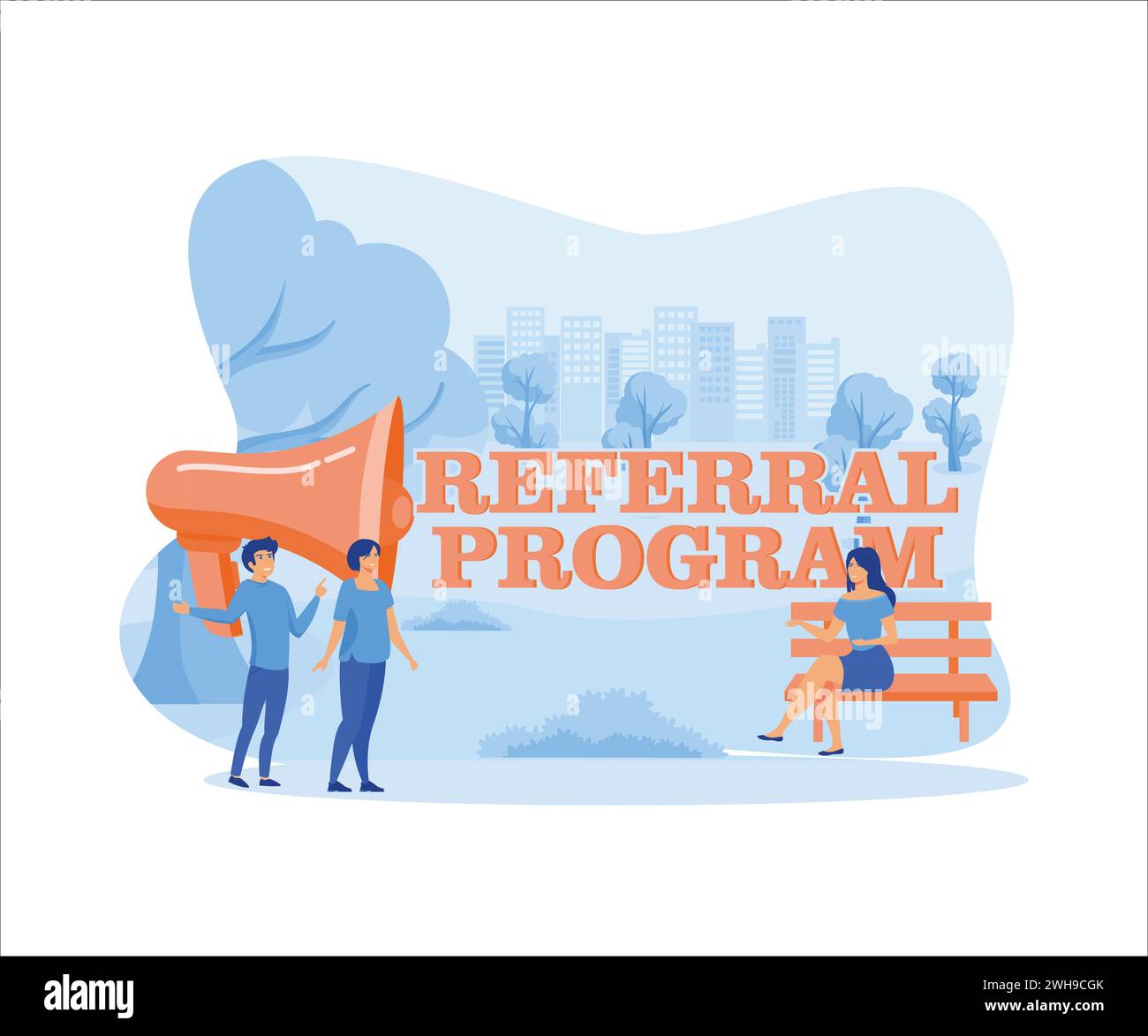 Friend sharing refer. People near megaphone with Referral program word ...