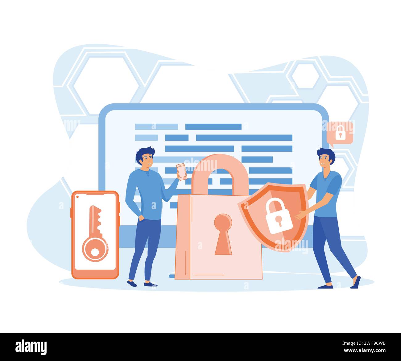 Flat data security system concept with people characters, minimal outline design style for ...