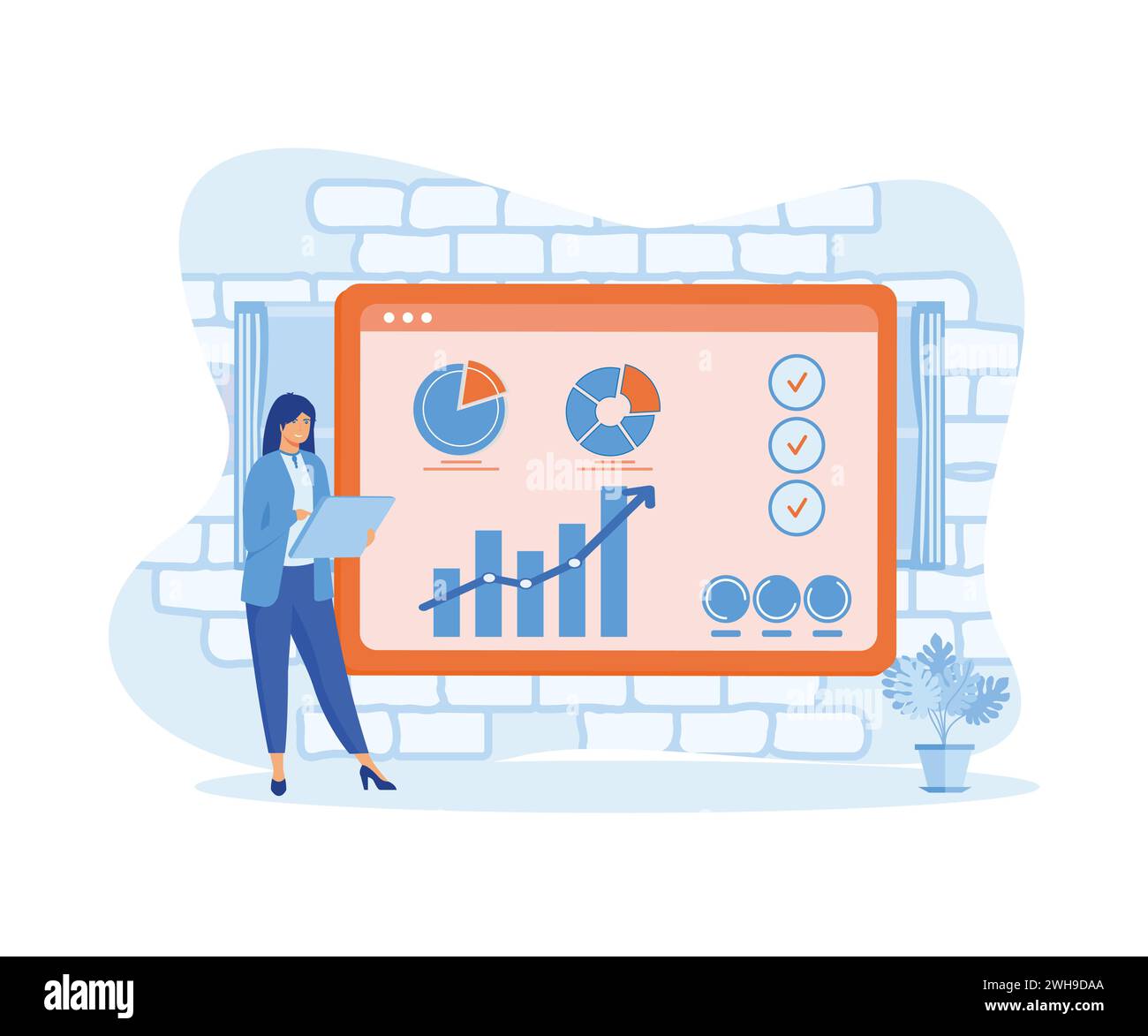 Woman analyzing digital Marketing and promotion charts. flat vector ...
