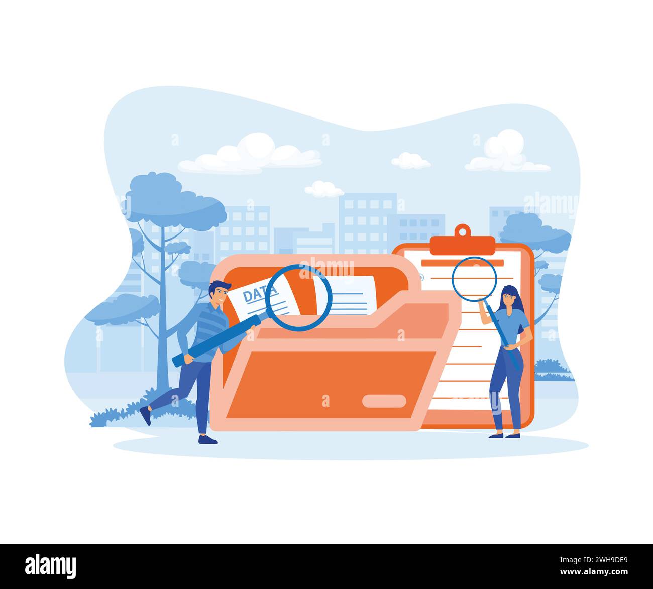 Workers Searching File Employee Uses Magnifying Glass Files Search Flat Vector Modern