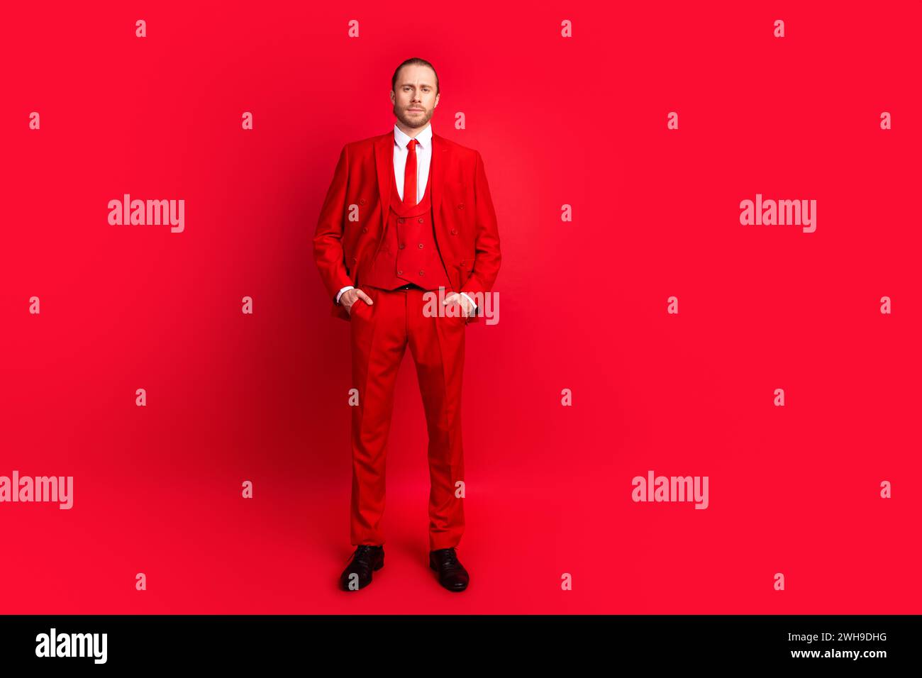 Full length photo of elegant young male hands pockets posing defile ...