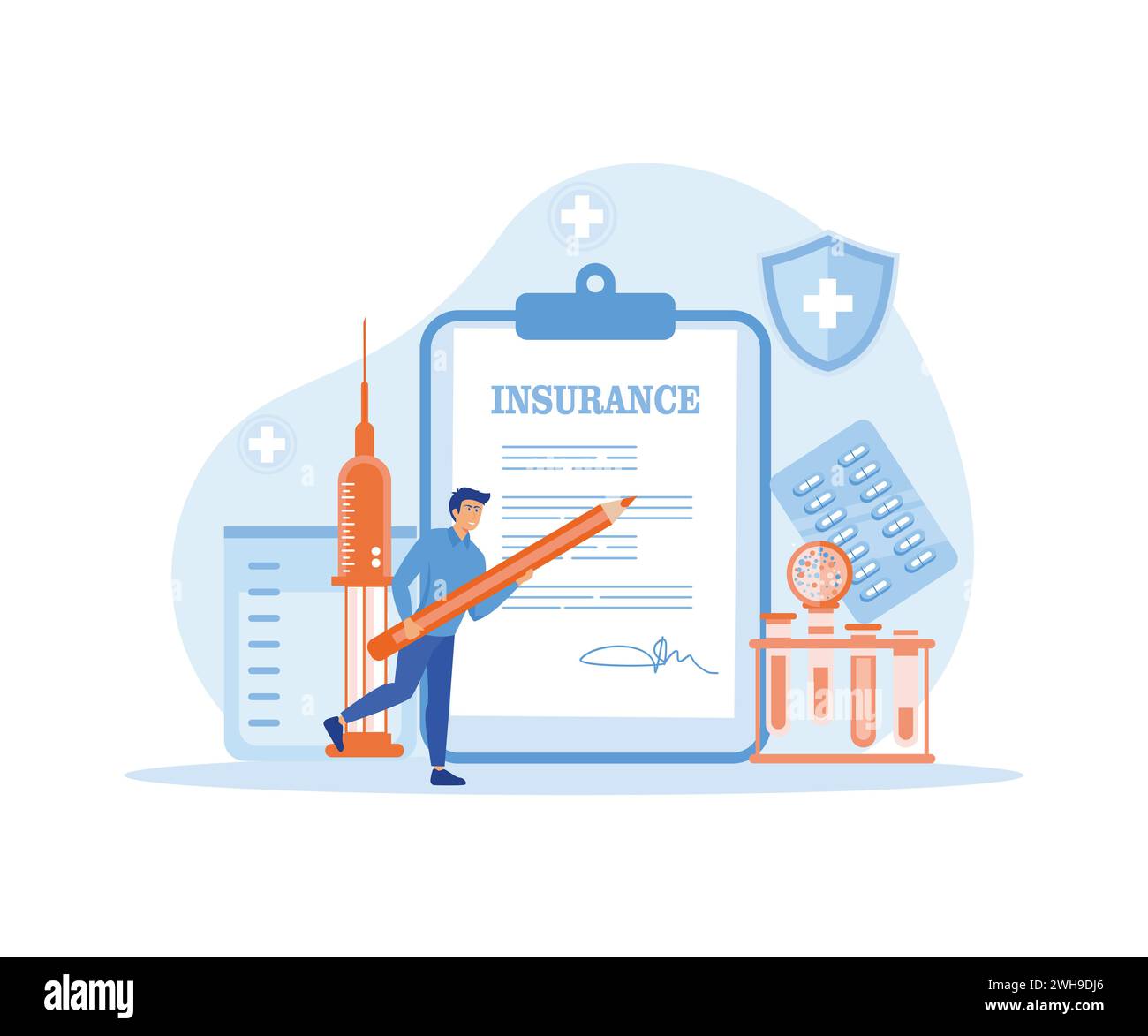 Man fills out health insurance. Health insurance concept with tiny ...