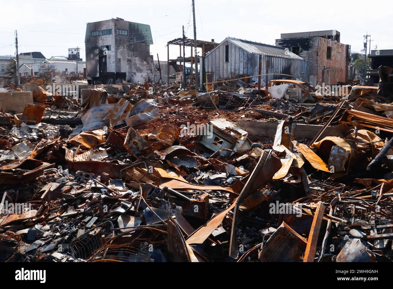 A view of destroyed buildings and debris around the tourist spot ...