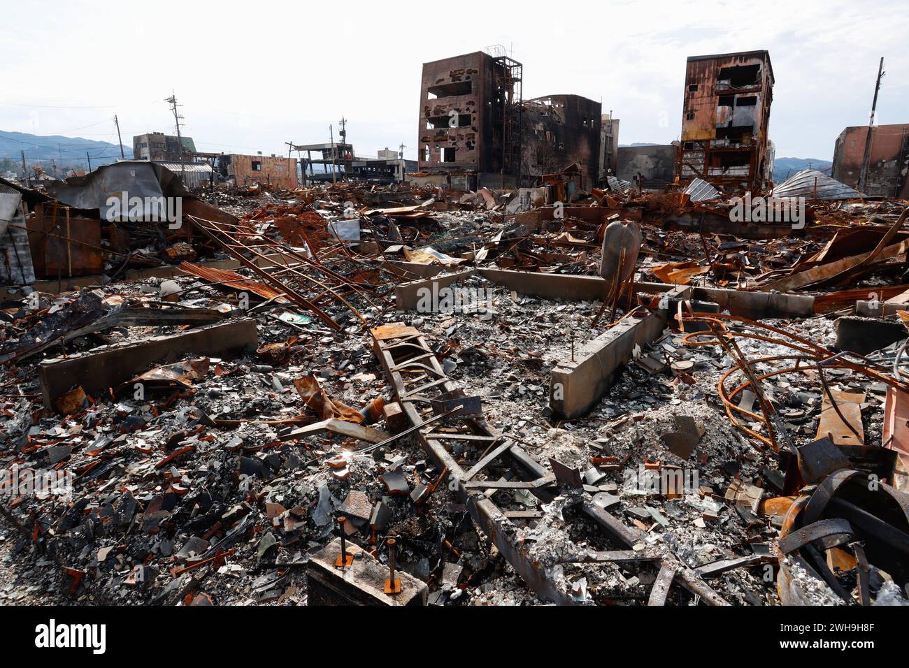 A view of destroyed buildings and debris around the tourist spot ...