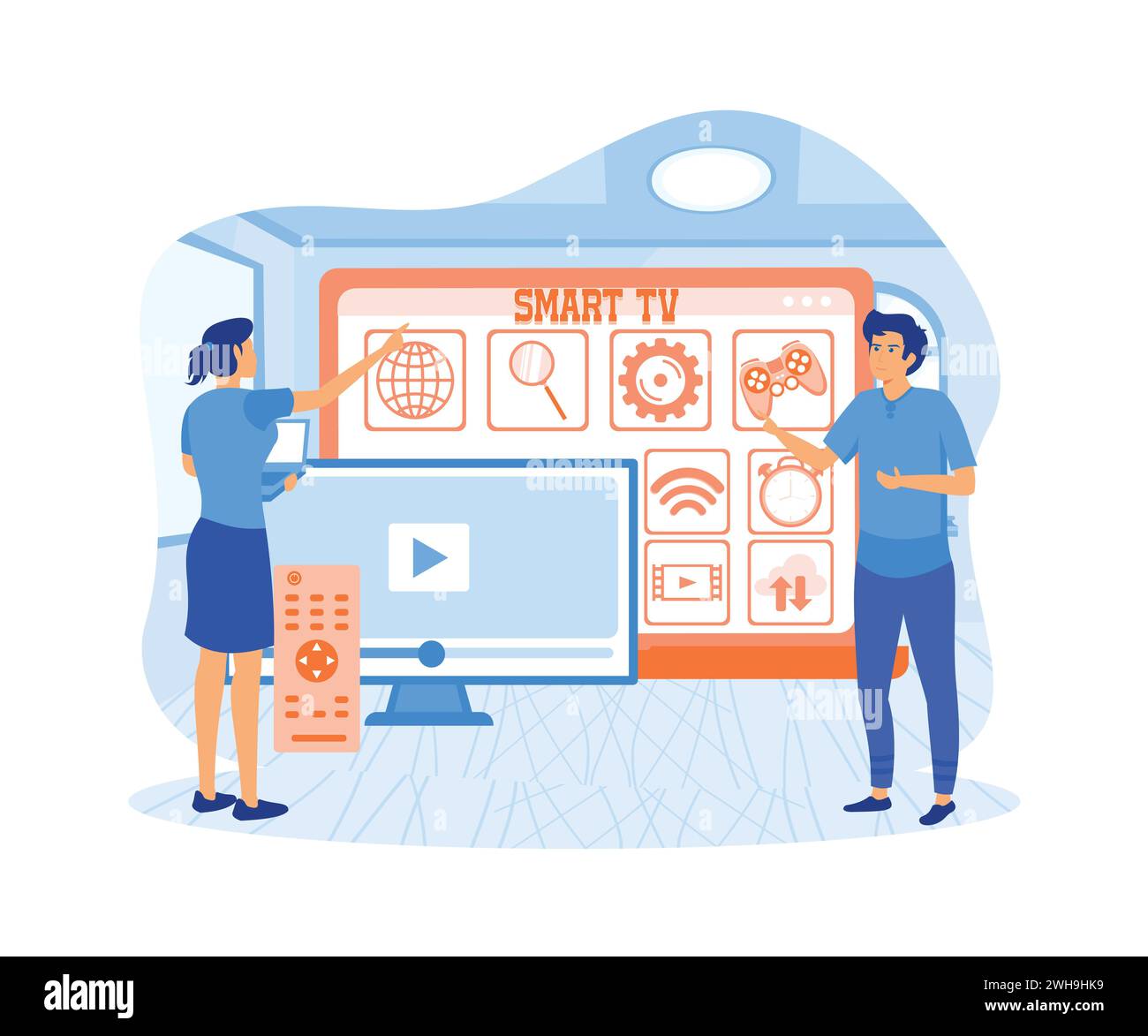 Smart TV menu on laptop. Little person watching videos, content, apps on multimedia box TV ...