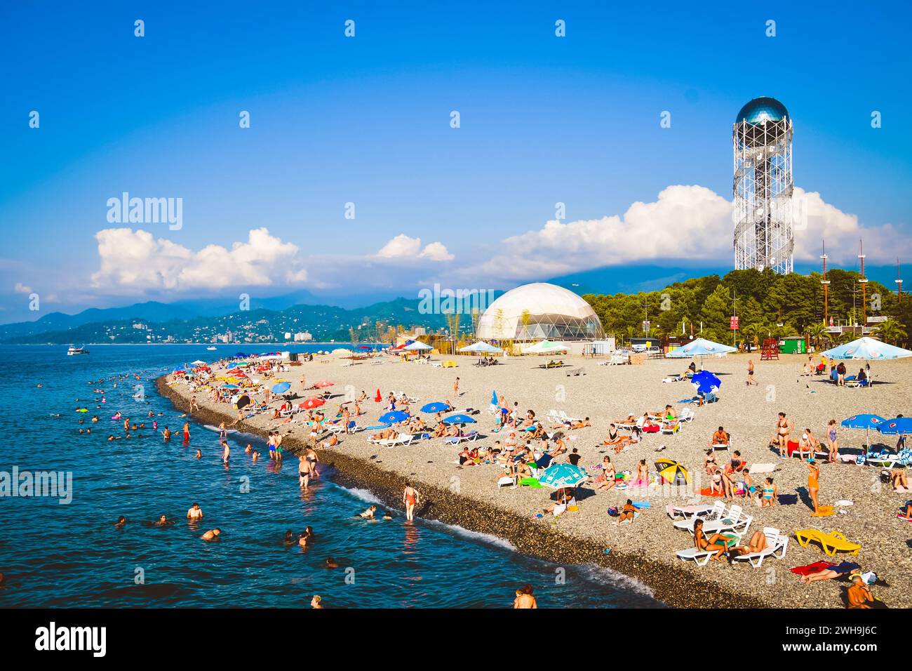 Aerial top view people at famous popular main iveria Beach in Batumi ...
