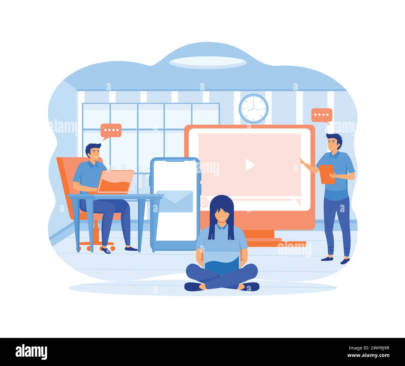 Small businessman watching on digital device screen and clock, Header ...