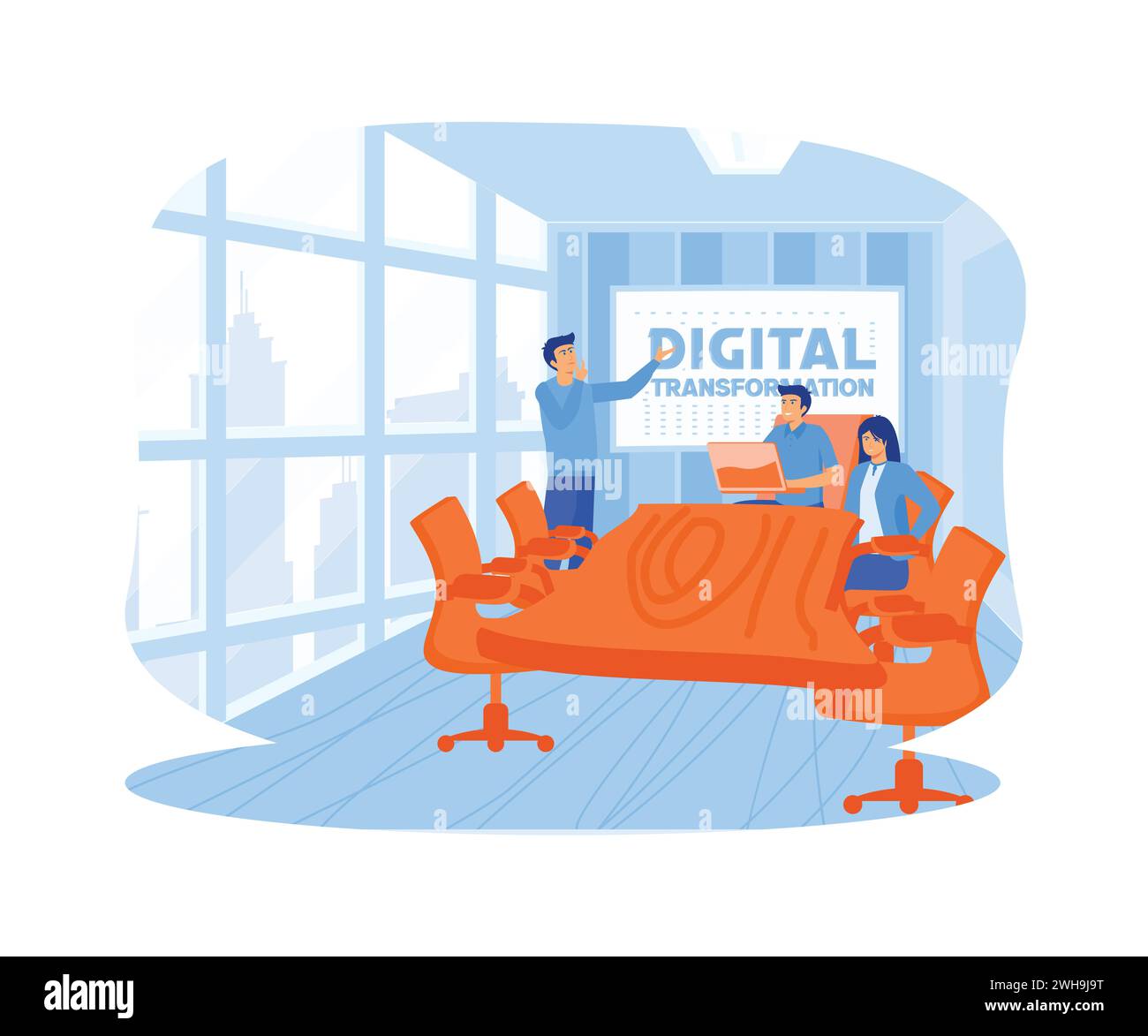 Company staff shows boss the future direction of the company with ...