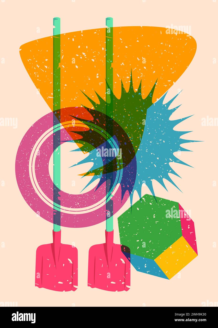 Risograph Spade, Shovel with speech bubble with geometric shapes ...