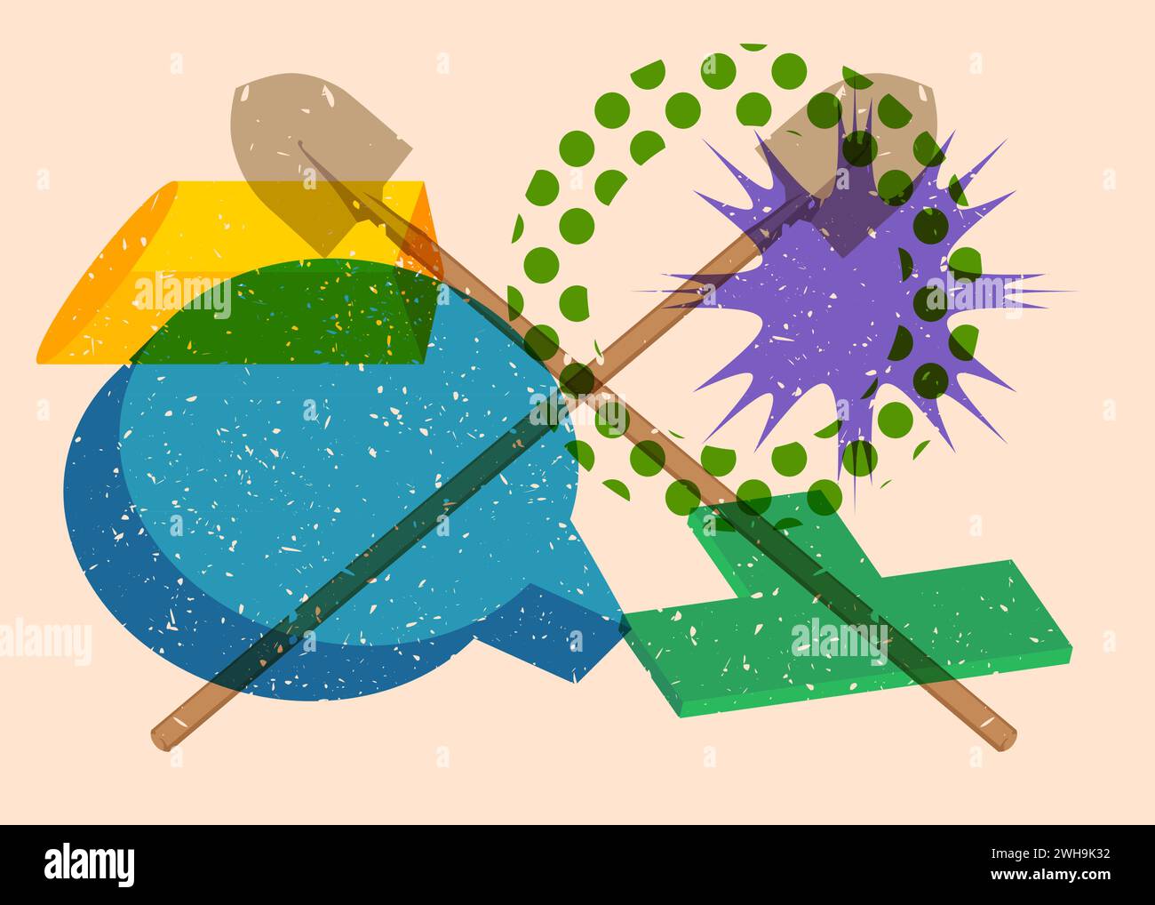 Risograph Spade, Shovel with speech bubble with geometric shapes ...