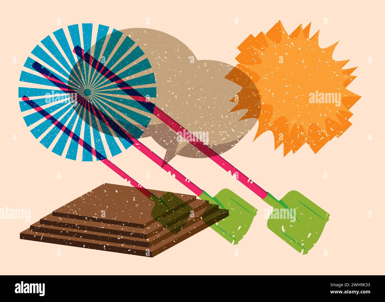 Risograph Spade, Shovel with speech bubble with geometric shapes ...