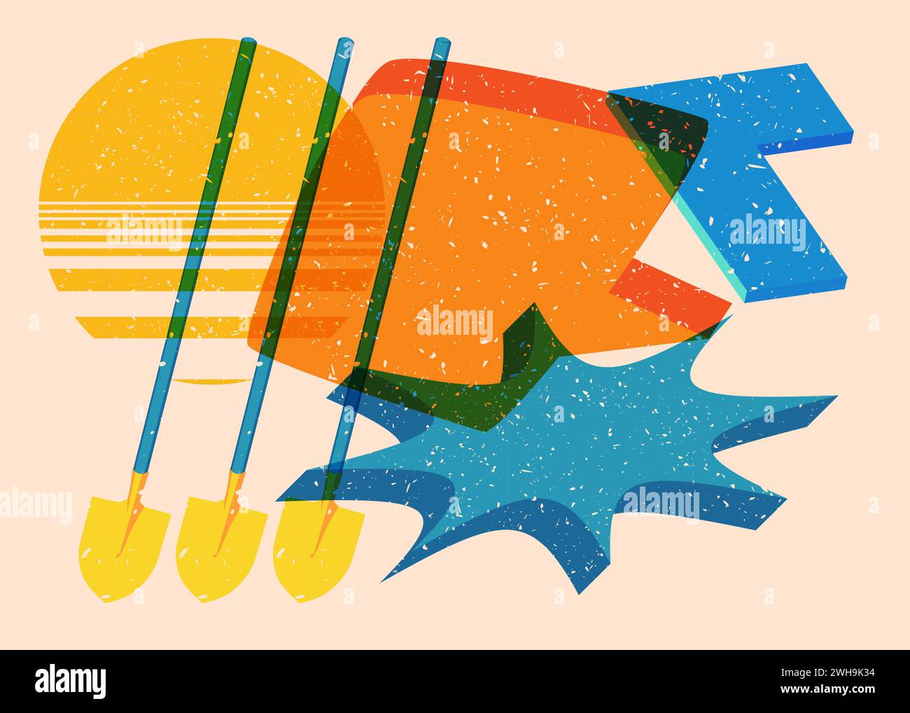 Risograph Spade, Shovel with speech bubble with geometric shapes ...