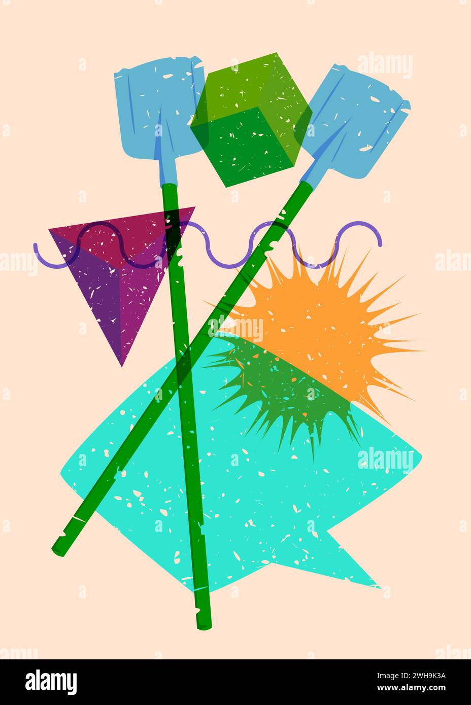 Risograph Spade, Shovel with speech bubble with geometric shapes ...