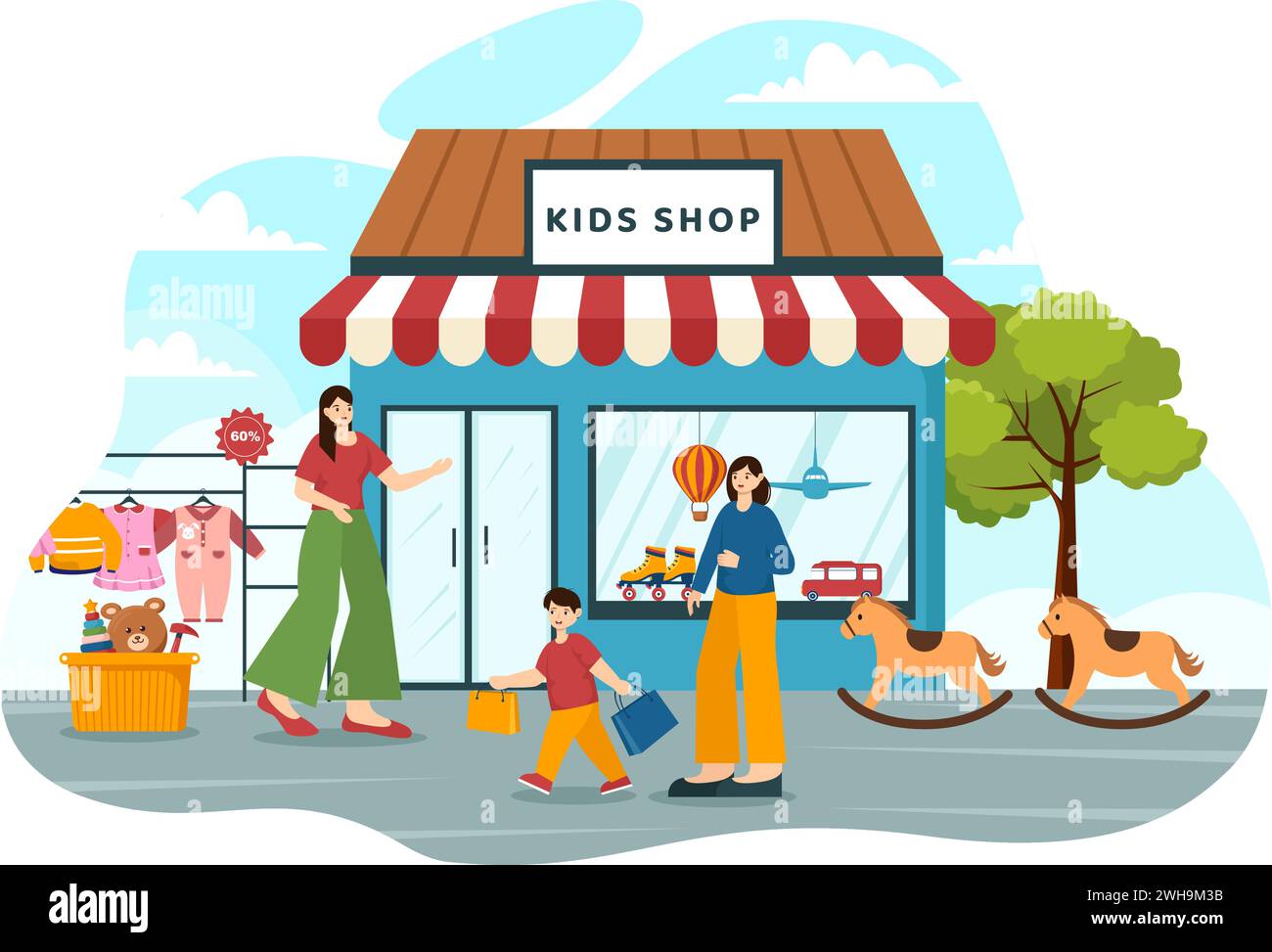 Kids Shop Vector Illustration with Boys and Girls Children Equipment ...