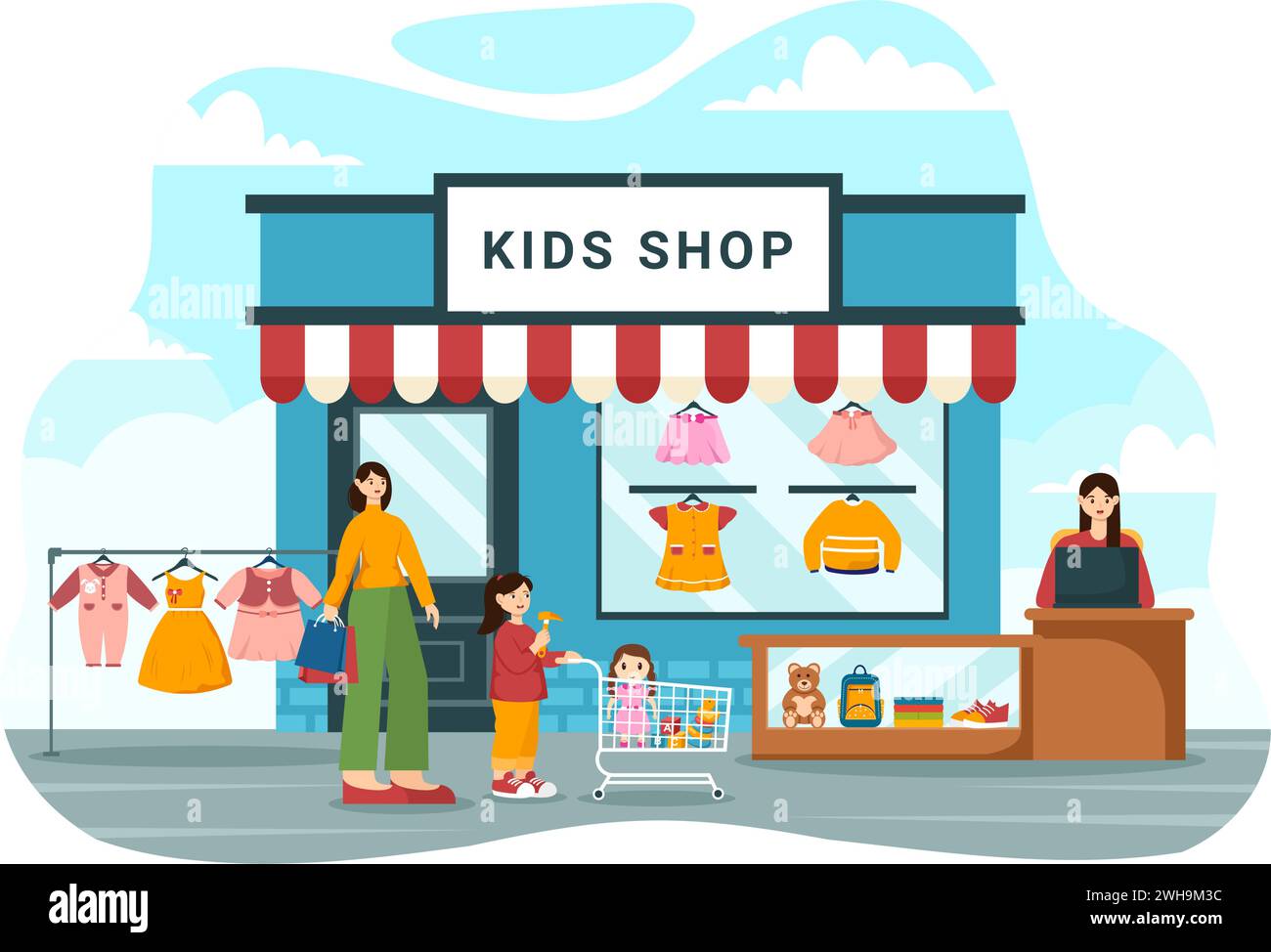 Kids Shop Vector Illustration with Boys and Girls Children Equipment ...