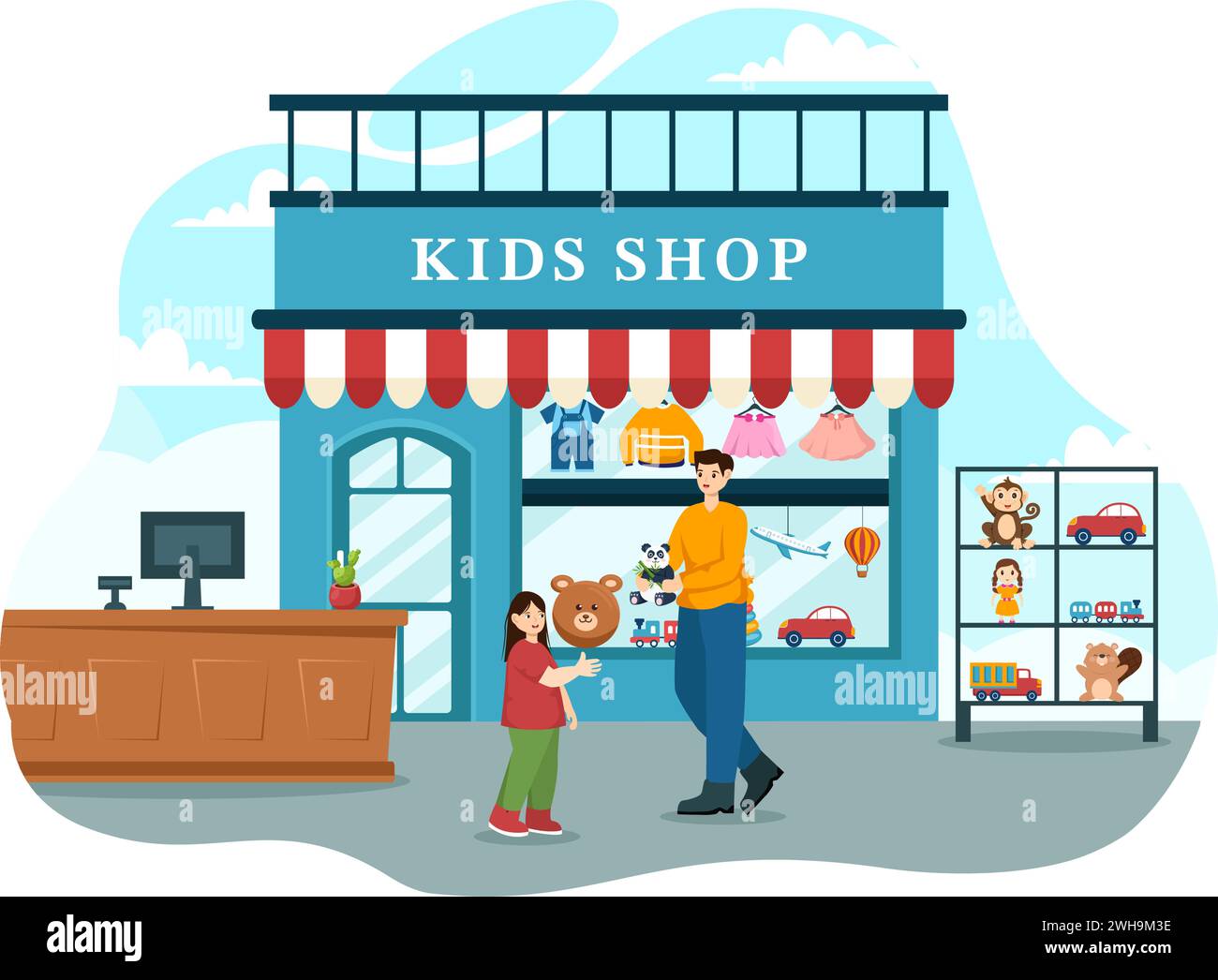 Kids Shop Vector Illustration with Boys and Girls Children Equipment ...