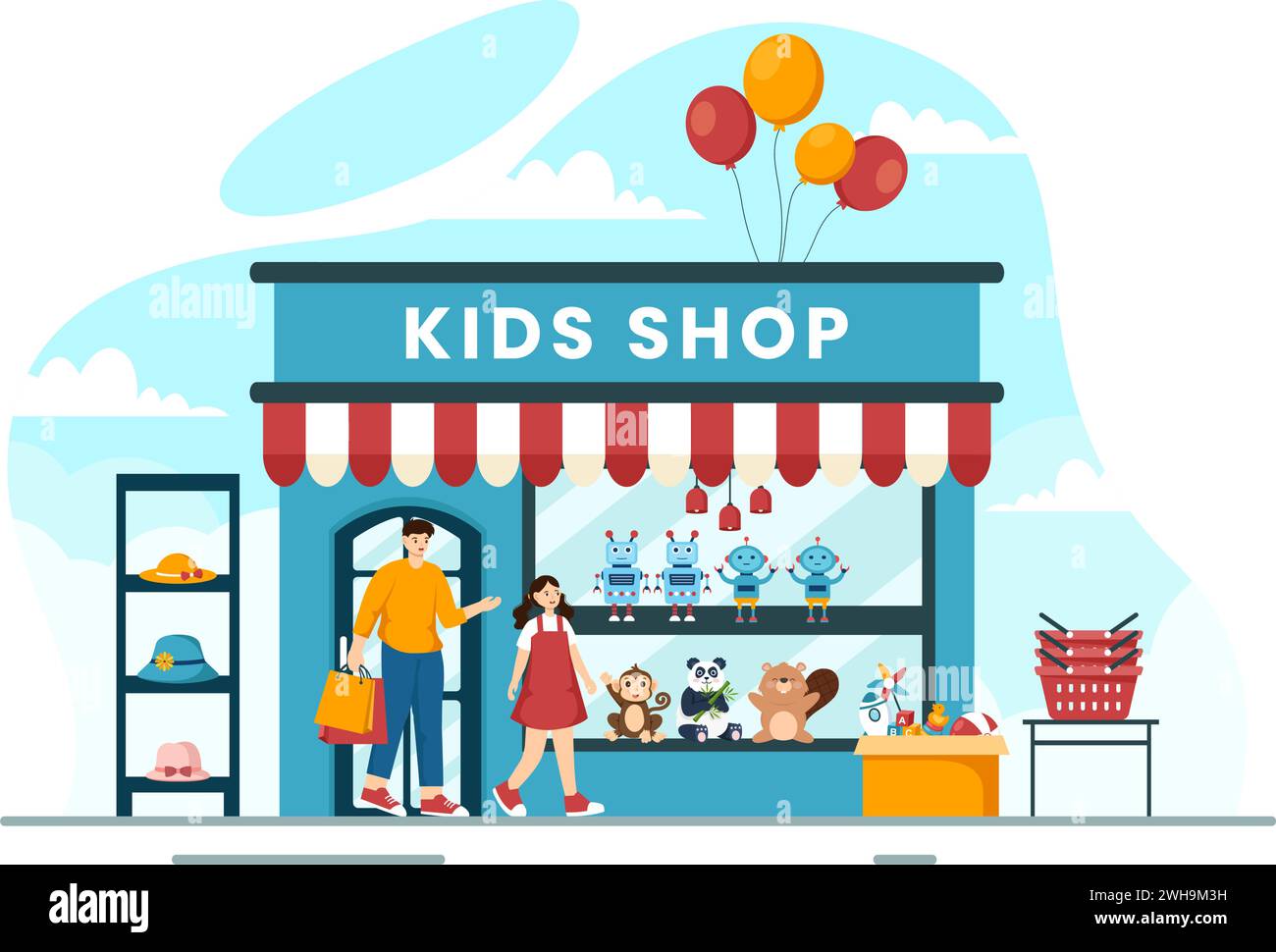 Kids Shop Vector Illustration with Boys and Girls Children Equipment ...